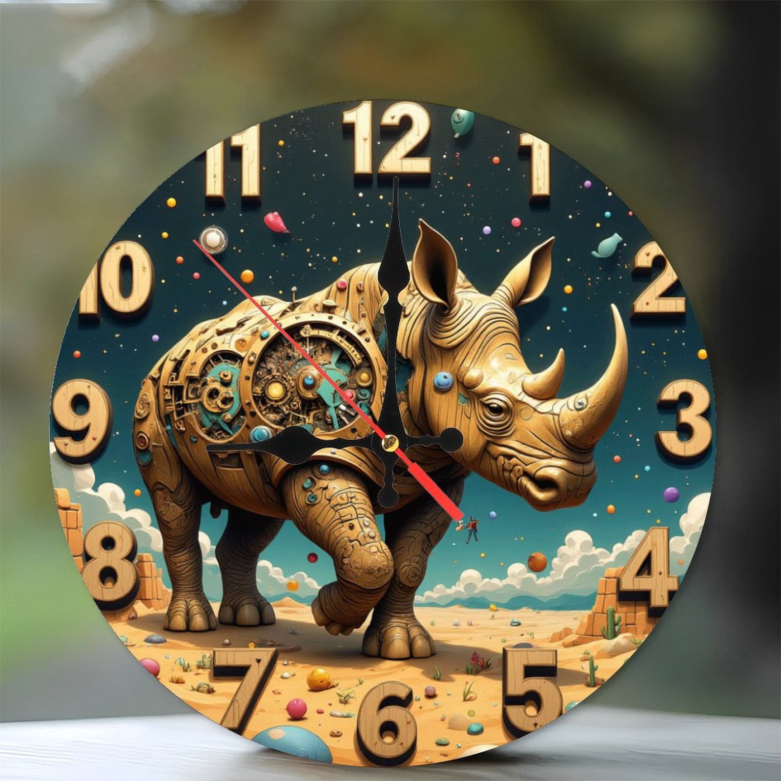 Rhino Wall Clock Decor 10-Inch Silent Wooden Wall Clock, Battery ...
