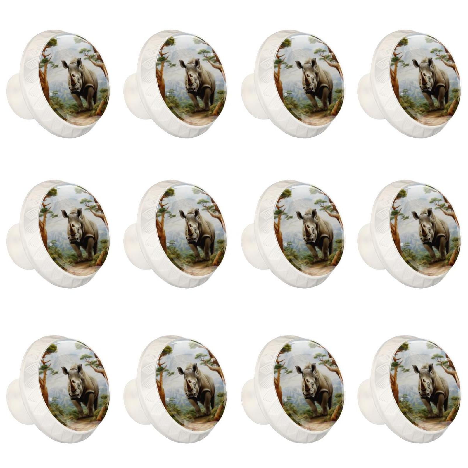 Rhinoceros Animals 12 Pcs White Round Drawer Pulls with Screws,ABS and Glass Cabinet Handles for ...