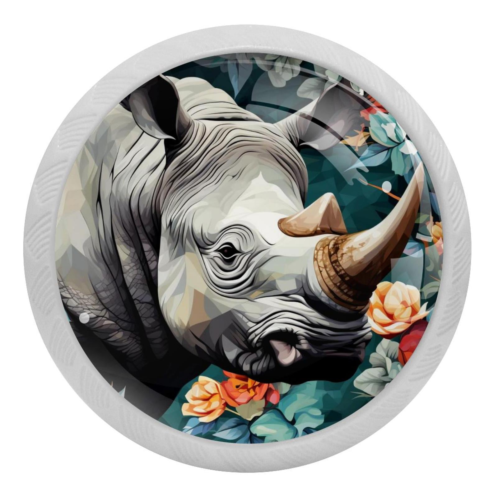 Rhinoceros Animals Pattern 4PCS Cabinet Knobs Pulls Fluorescent Drawer ...