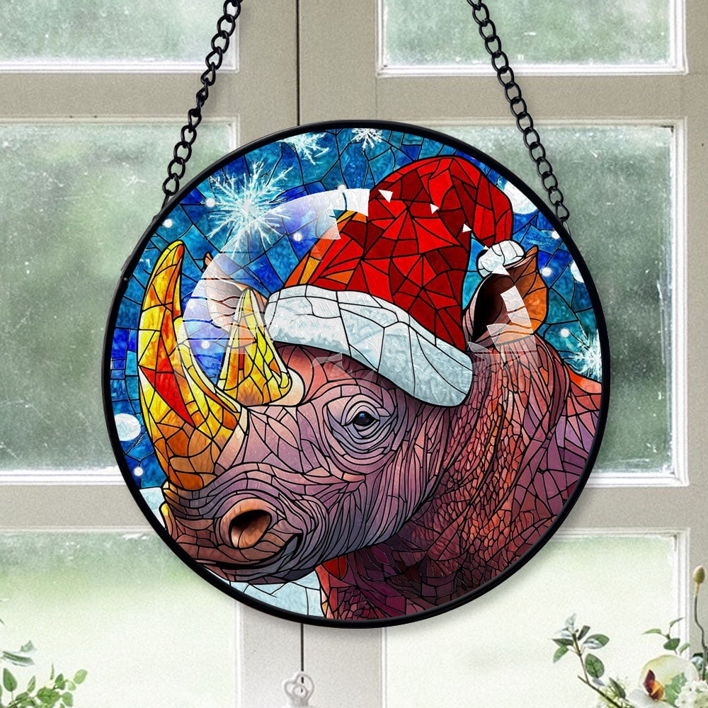 Rhinoceros Ornament Christmas 2025, Rhinoceros Stained Glass Hanging ...