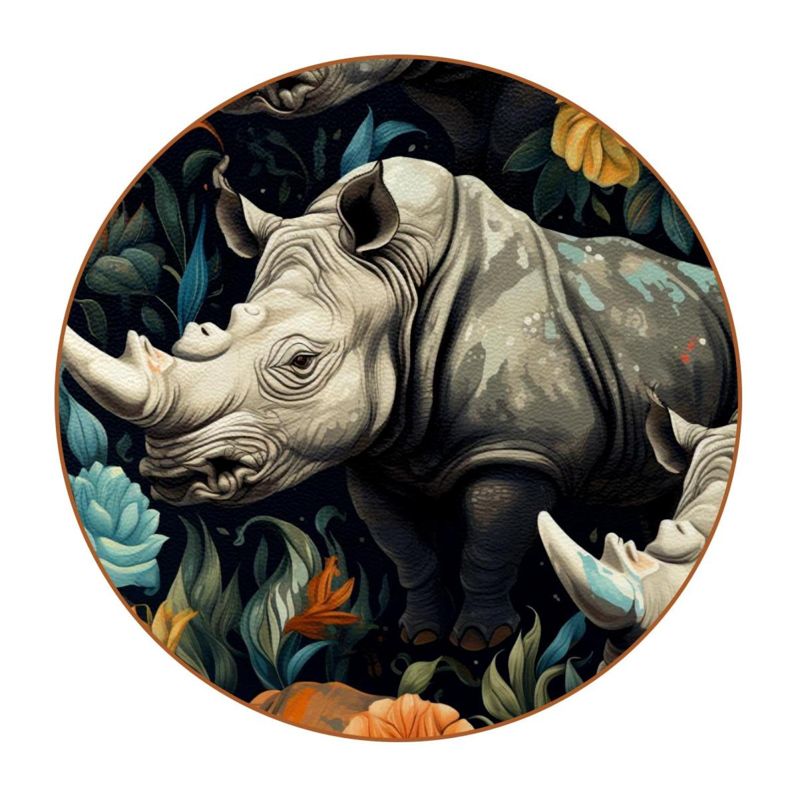 Rhinoceros Set of 6 Round Coasters, Microfiber Leather Drink Coasters ...