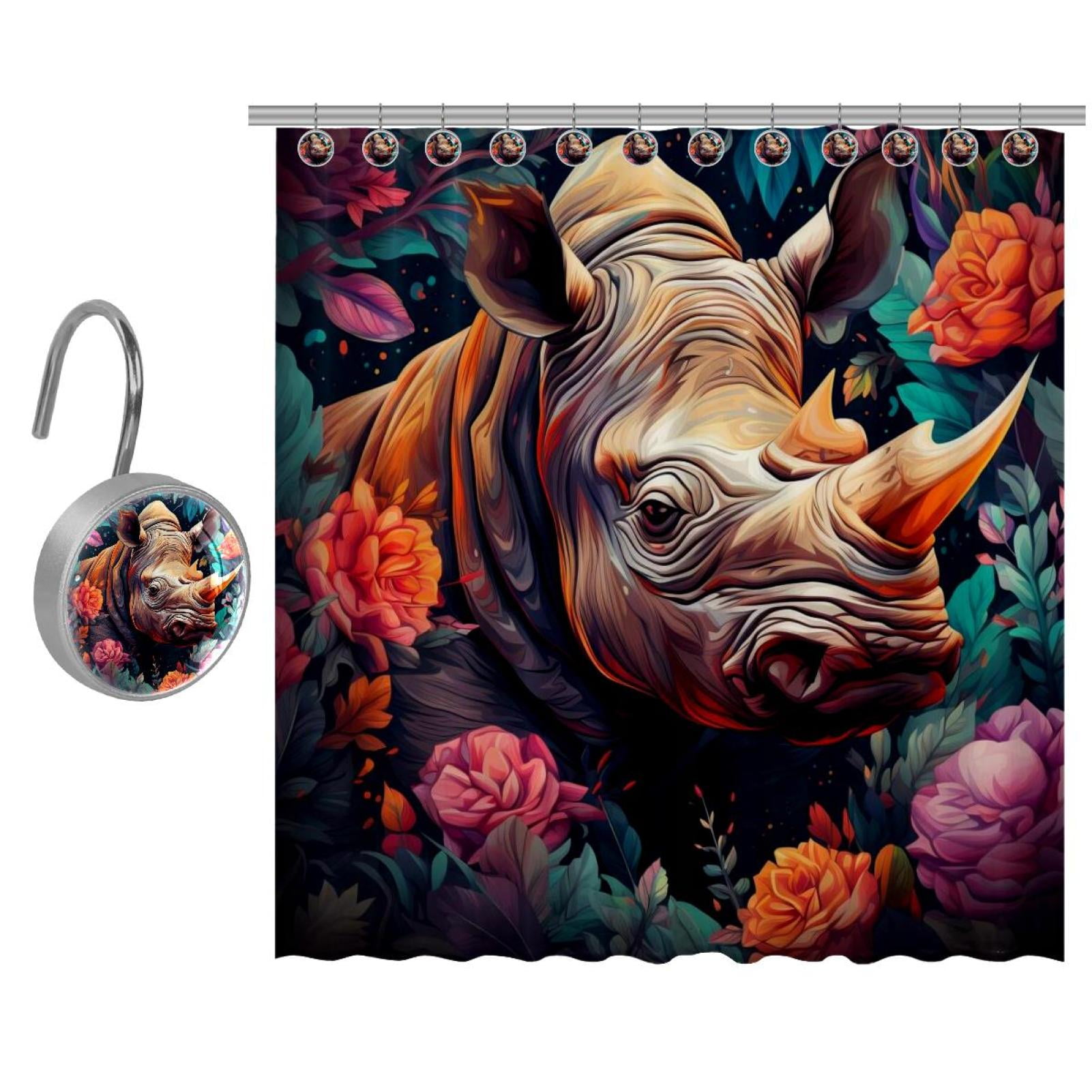Rhinoceros Shower Curtain, Cloth Fabric Bathroom Decor Set with Hooks ...