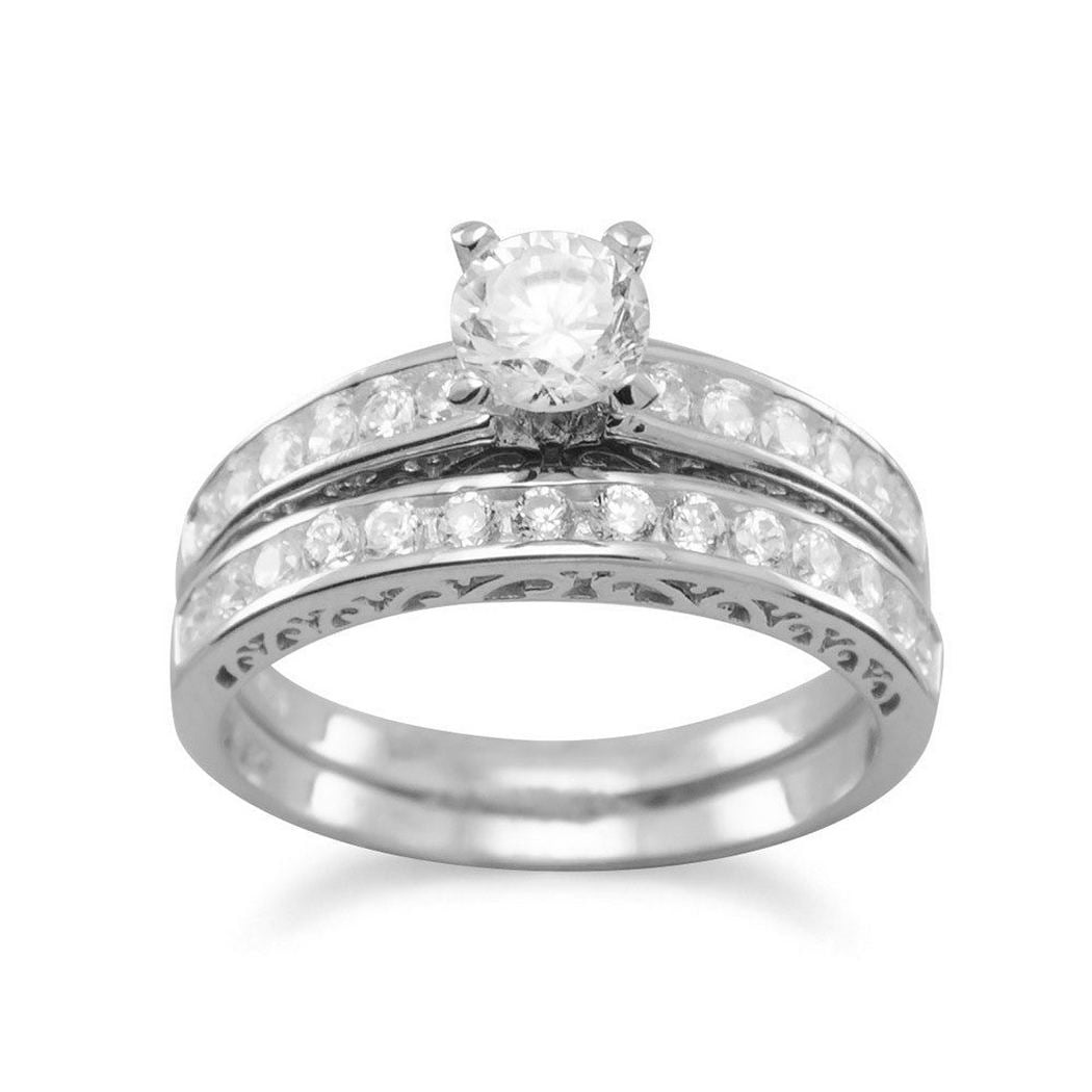 Rhod. P. 925 Sterling Silver Double Ring Wedding Band Set CZ Cubic Zirconia Simulated Diamonds ...