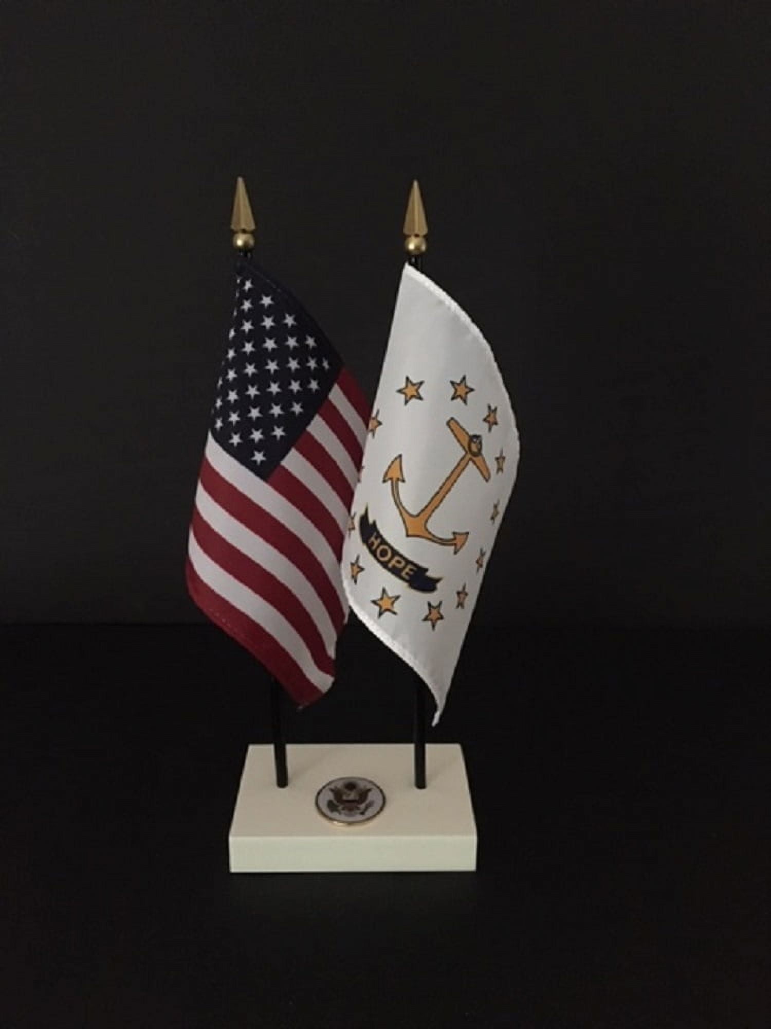 Rhode Island Executive Desk Set; Two 4x6 Inch Flags, White Base with US ...
