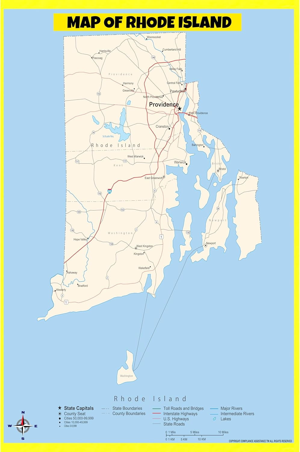 Rhode Island Map Poster - Laminated Wall Map - Style A - 36x60 - Ideal ...