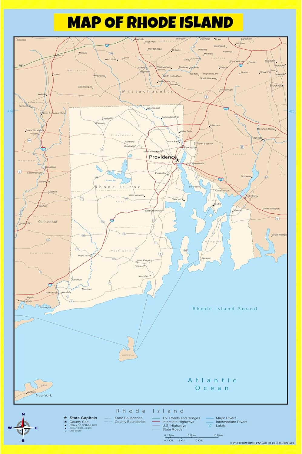 Rhode Island Map Poster - Laminated Wall Map - Style B - 20x30 - Ideal ...