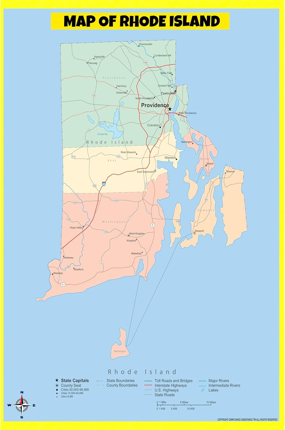 Rhode Island Map Poster - Laminated Wall Map - Style C - 24x36 - Ideal ...