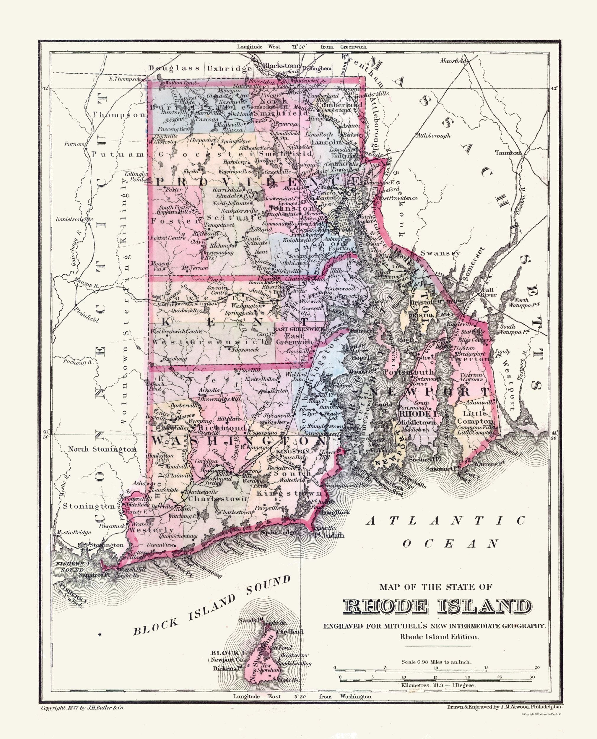Historic State Map - Rhode Island - Mitchell 1877 - 23 x 28.45 - Vintage Wall Art - Walmart.com