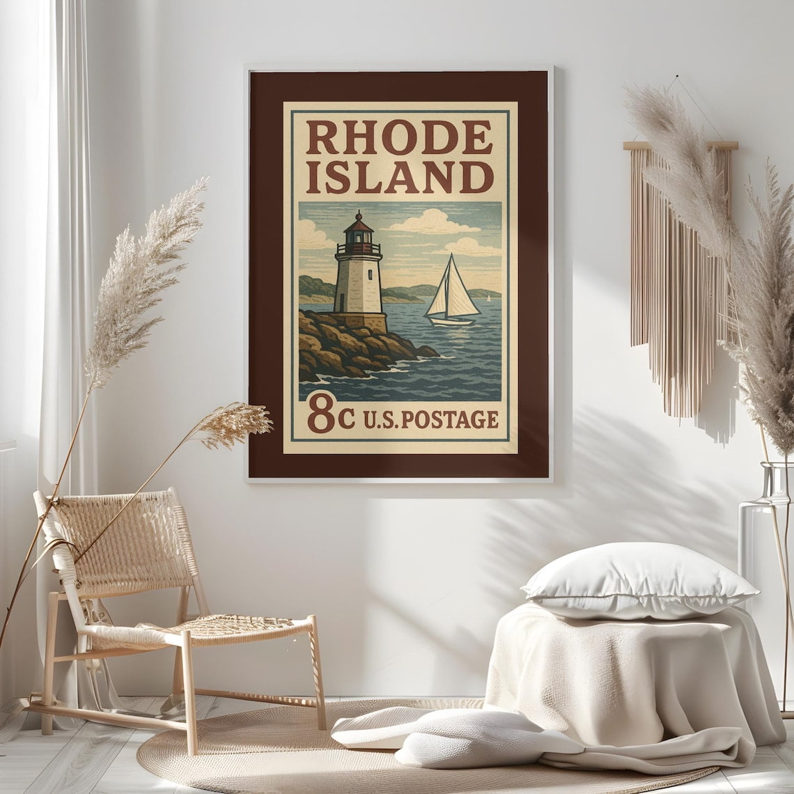 Rhode Island Postage Stamp Poster Vintage Style Coastal Lighthouse Wall ...