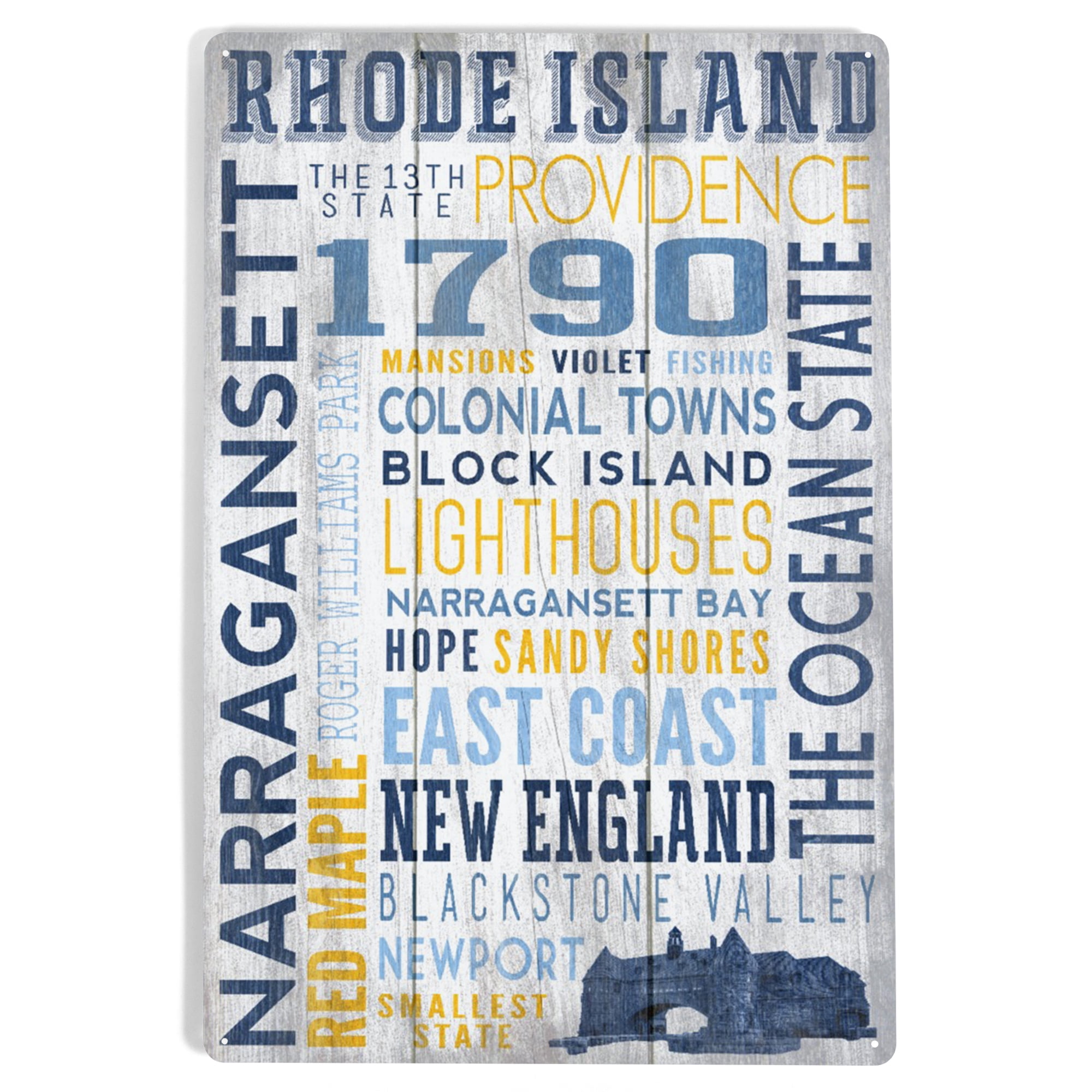 Rhode Island, Rustic Typography with Narragansett Tower (12x18 Aluminum ...