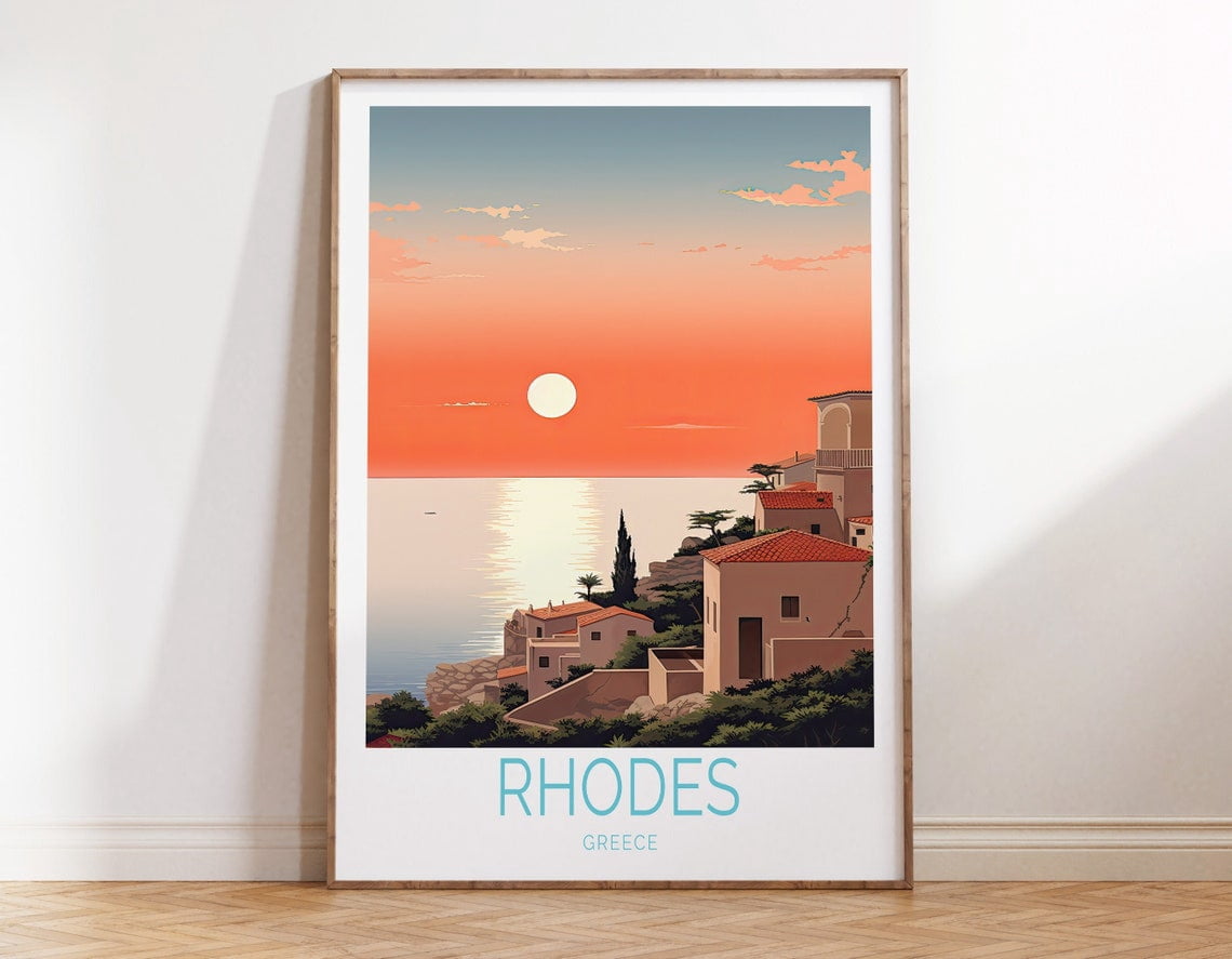 Rhodes Greece Sunset Travel Poster Coastal Wedding Wall Art, Unframed ...