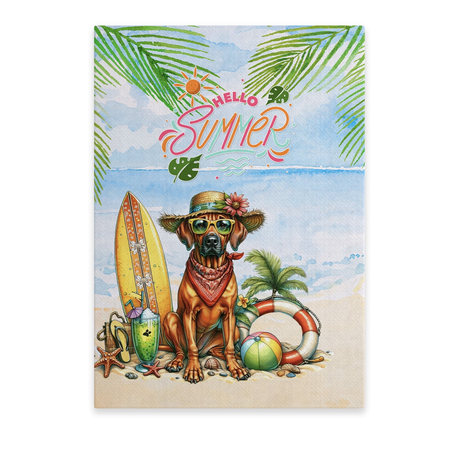 Rhodesian Ridgeback Hello Summer with Sunglasses and Surfboard Tropical ...