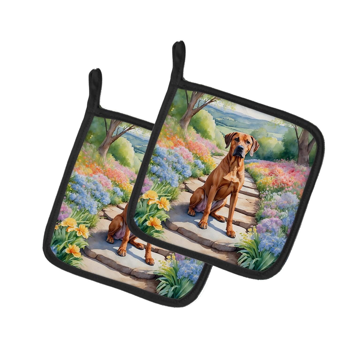 Rhodesian Ridgeback Spring Path Pair of Pot Holders 7.5 in x 7.5 in ...