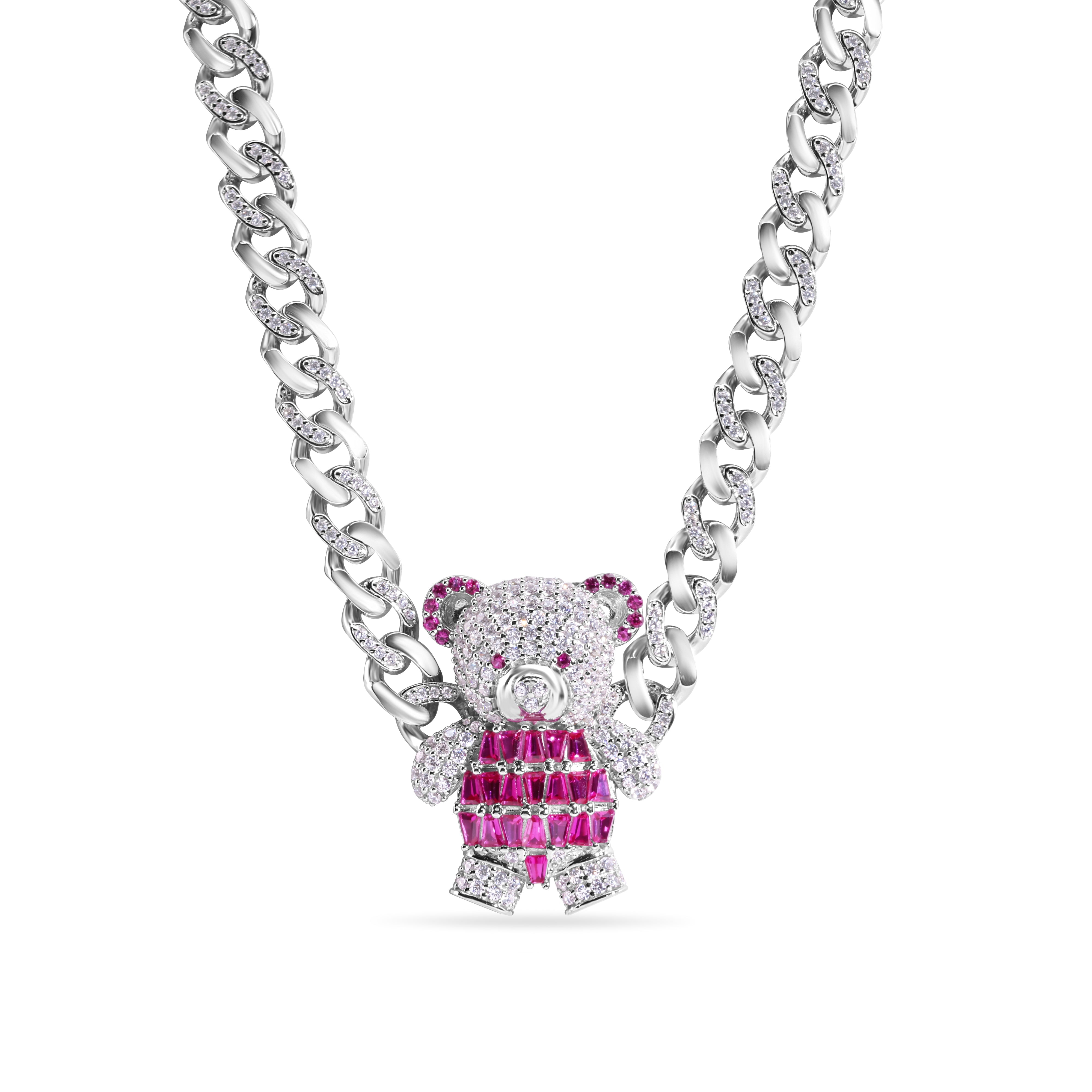 Rhodium Plated 925 Sterling Silver Teddy Bear Encrusted Miami Cuban 7mm ...