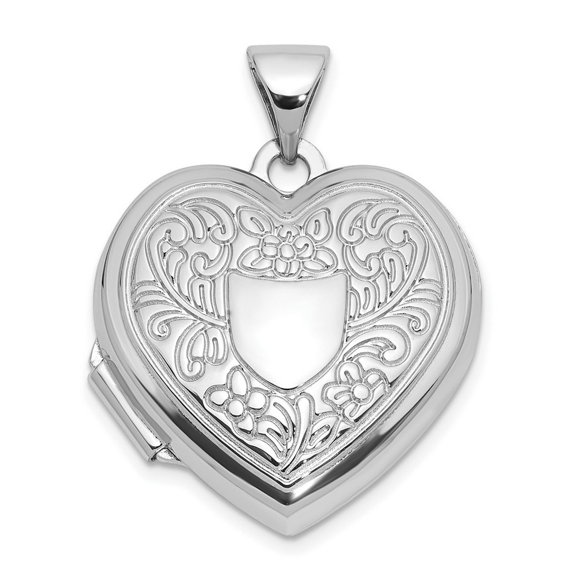 Rhodium Plated Polished Fancy Floral Border and Crest 18mm Love Heart ...