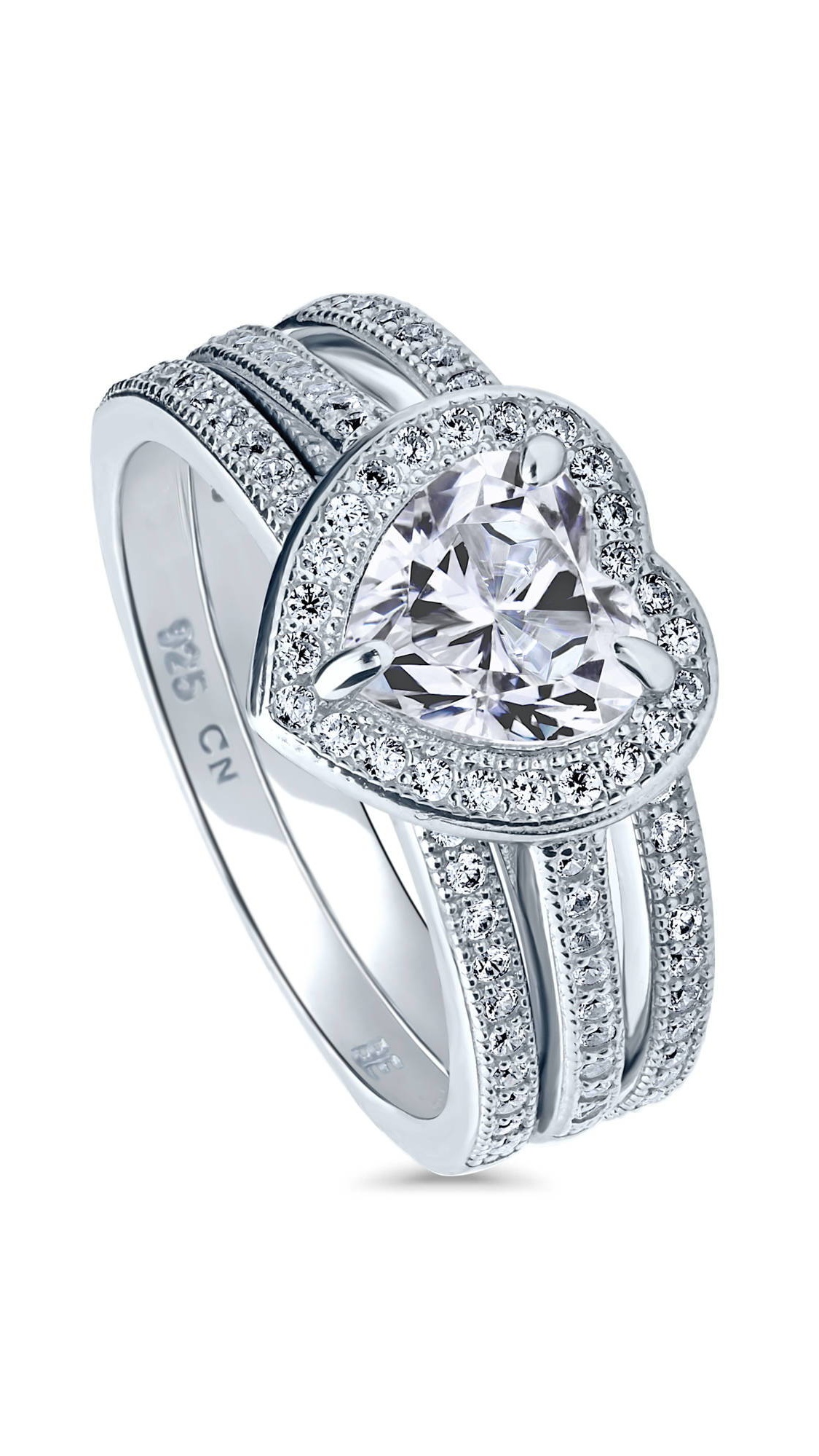 Rhodium Plated Silver Heart Shaped Cubic Zirconia CZ Halo Engagement ...