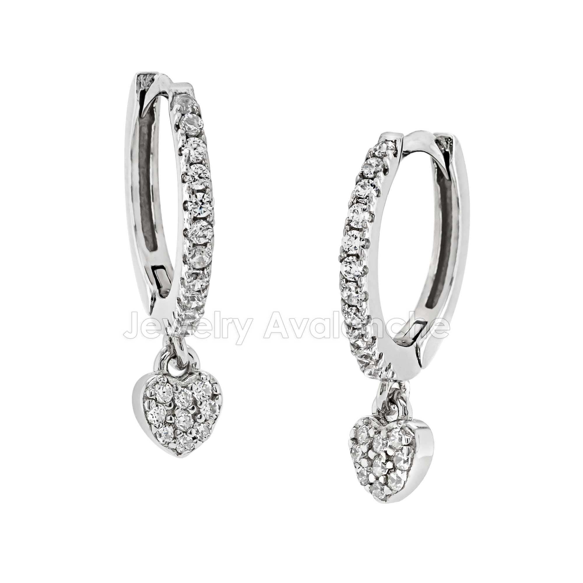 Rhodium Plated Sterling Silver Hoop Huggie Earrings with Heart Charm ...