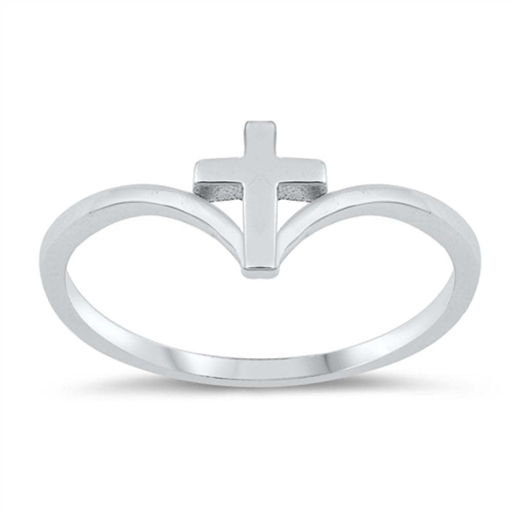 Rhodium Plated Sterling Silver Pointed Cross Ring Size 6 - Walmart.com