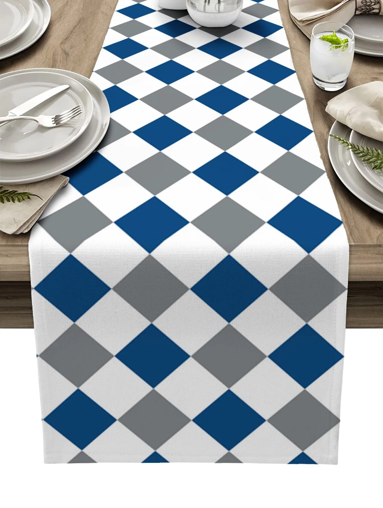 Rhombus Check Texture Blue Gray Table Runner Wedding ration Home Dinner ...