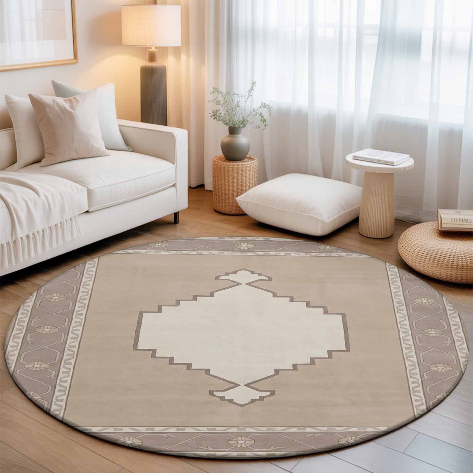 Rhombus Geometric Washable Round Area Rug 4 ft, Brown Flower Pattern ...