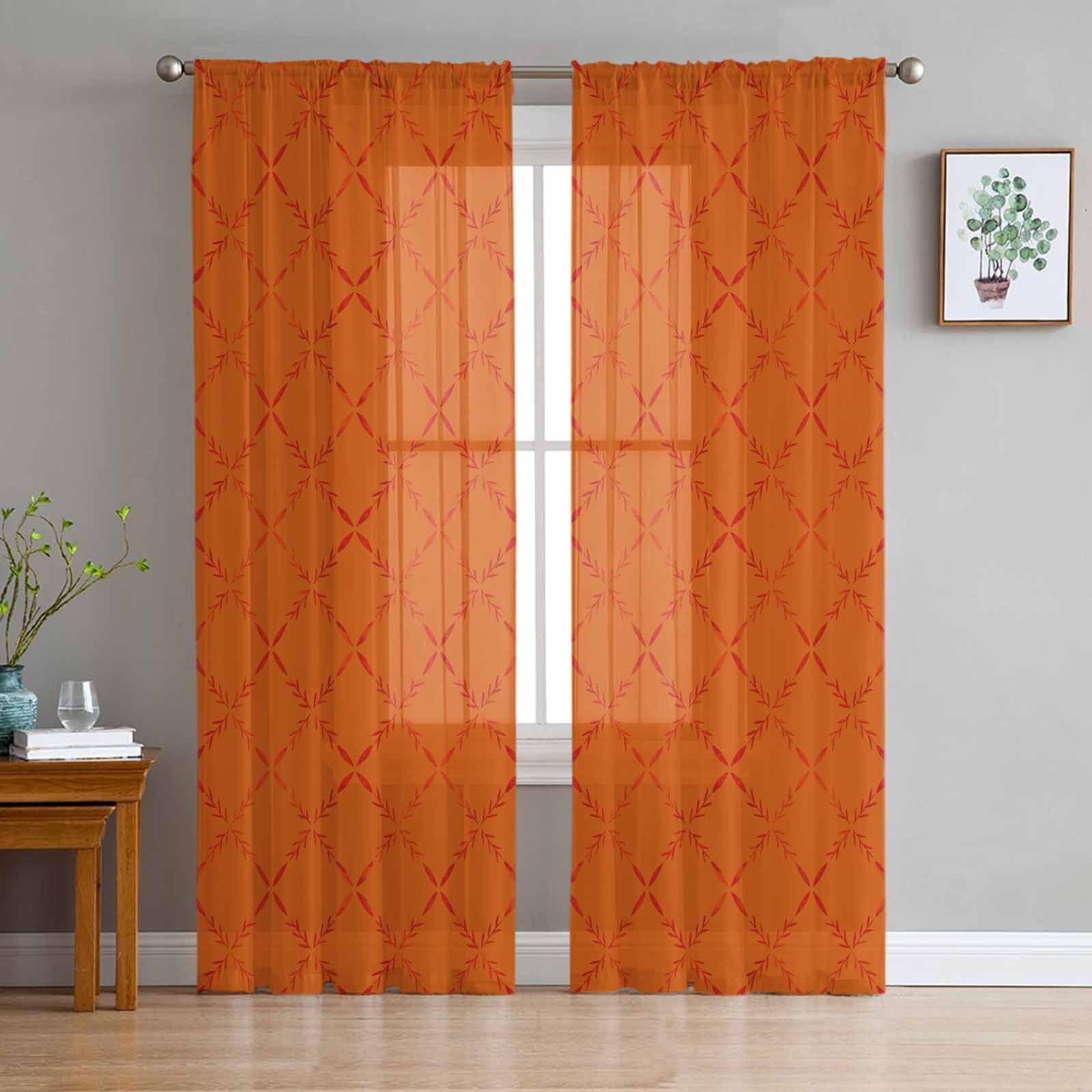 Rhombus Lattice Texture Orange Window Tulle Curtains for Living Room Kitchen Modern Window ...