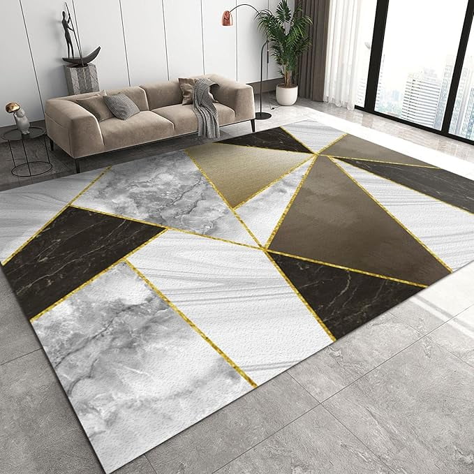 Rhombus Pattern Washable Rug, Black Gray Gold Marble Texture Gold Line ...