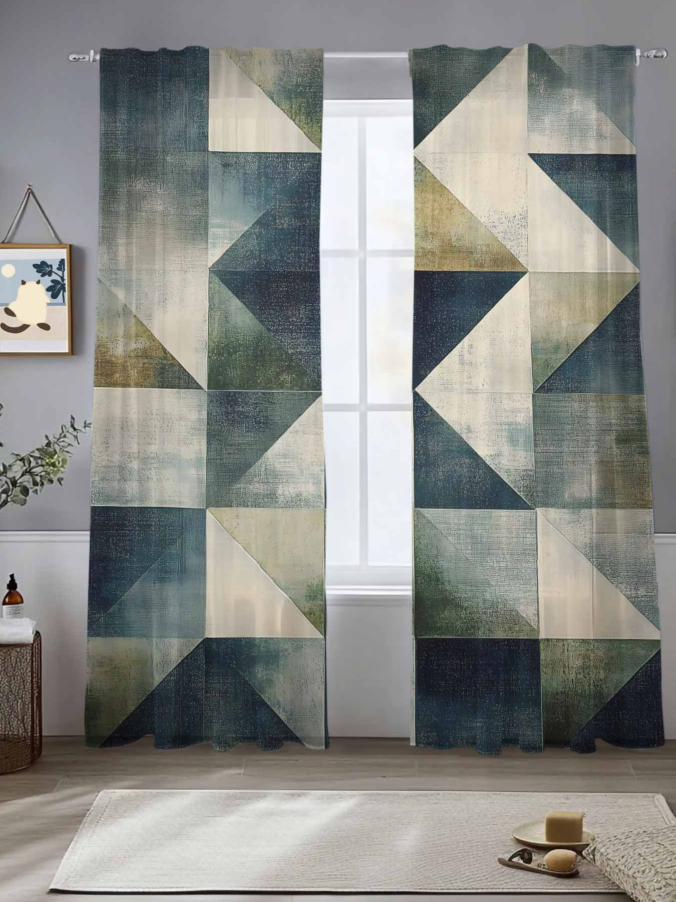 Rhombus Turquoise Sheer Curtains for Living Room Bedroom Teal Geometric ...