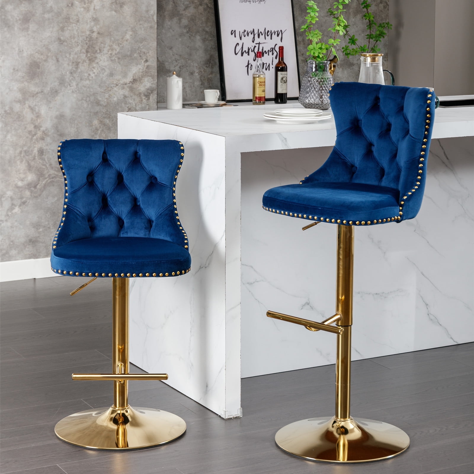 Rhomtree Swivel Button Tufted Bar Stool, Blue with Gold Base (Set of 2 ...