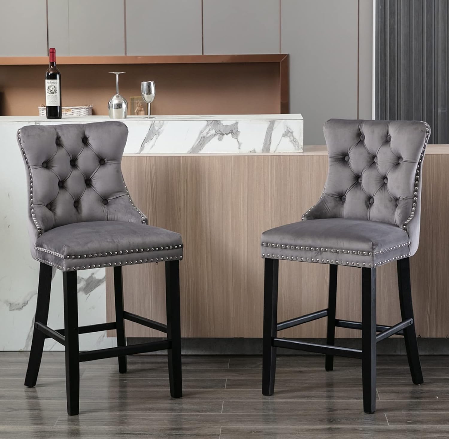 Rhomtree Velvet Bar Stools Modern Upholstered Bar Chairs 27'' Seat Height with Button Tufted ...