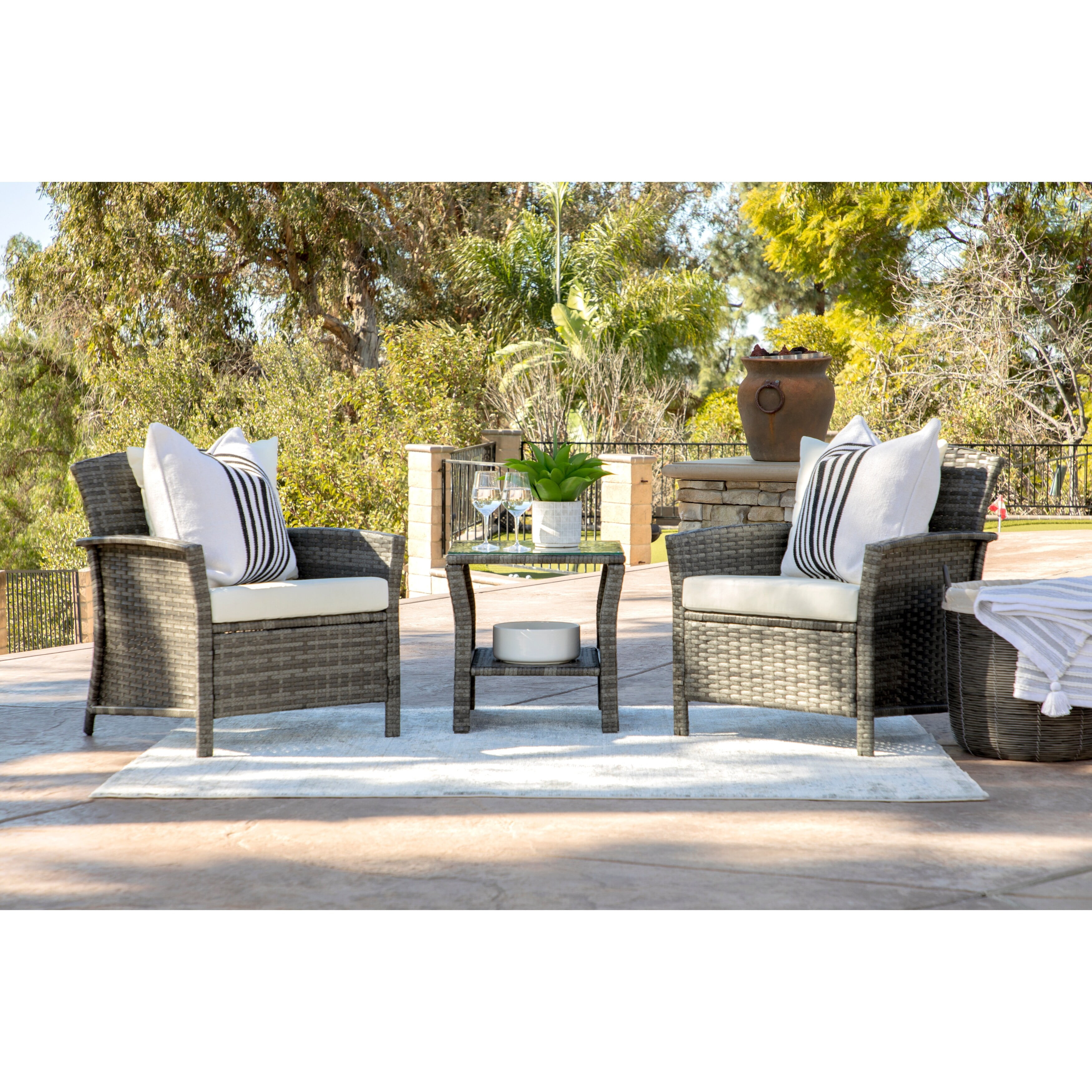 Rhonn 3-Piece Curved Wicker Outdoor Bistro set Grey - Walmart.com