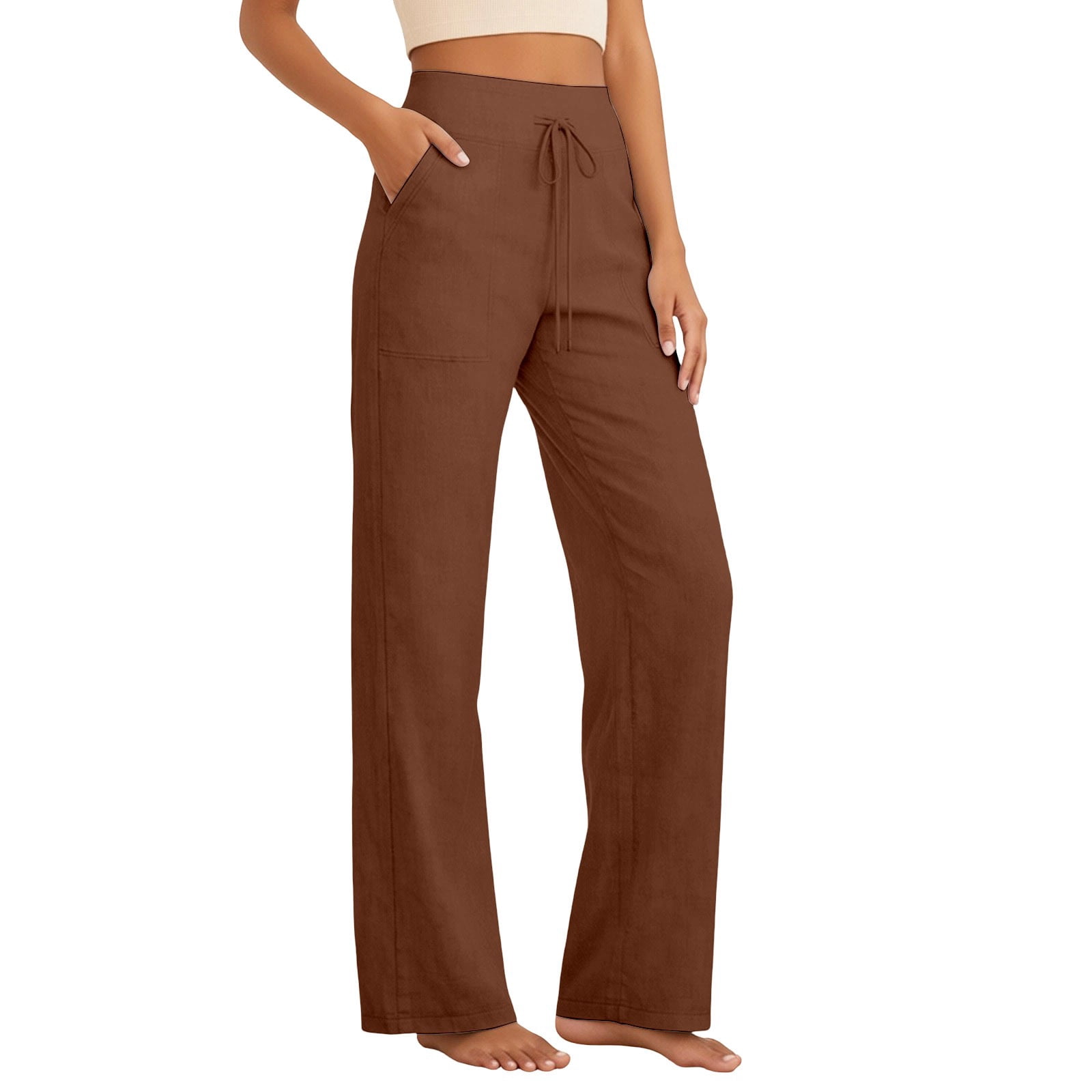Rhuody Pants For Women High Waist Wide Leg Line Trousers Solid Color ...