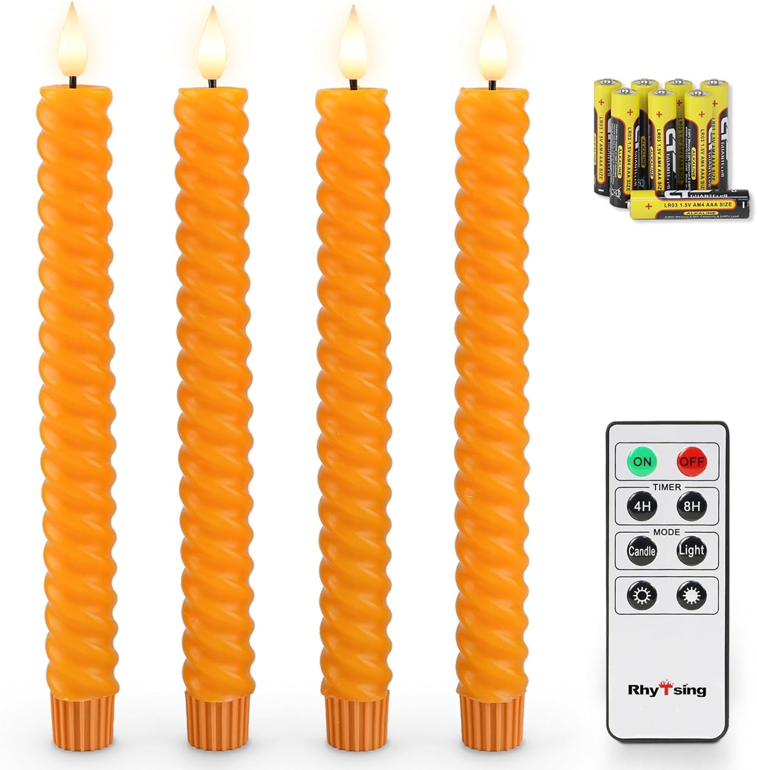 Rhytsing 10" Orange Flameless Twist Taper Candles with Timer, Battery ...