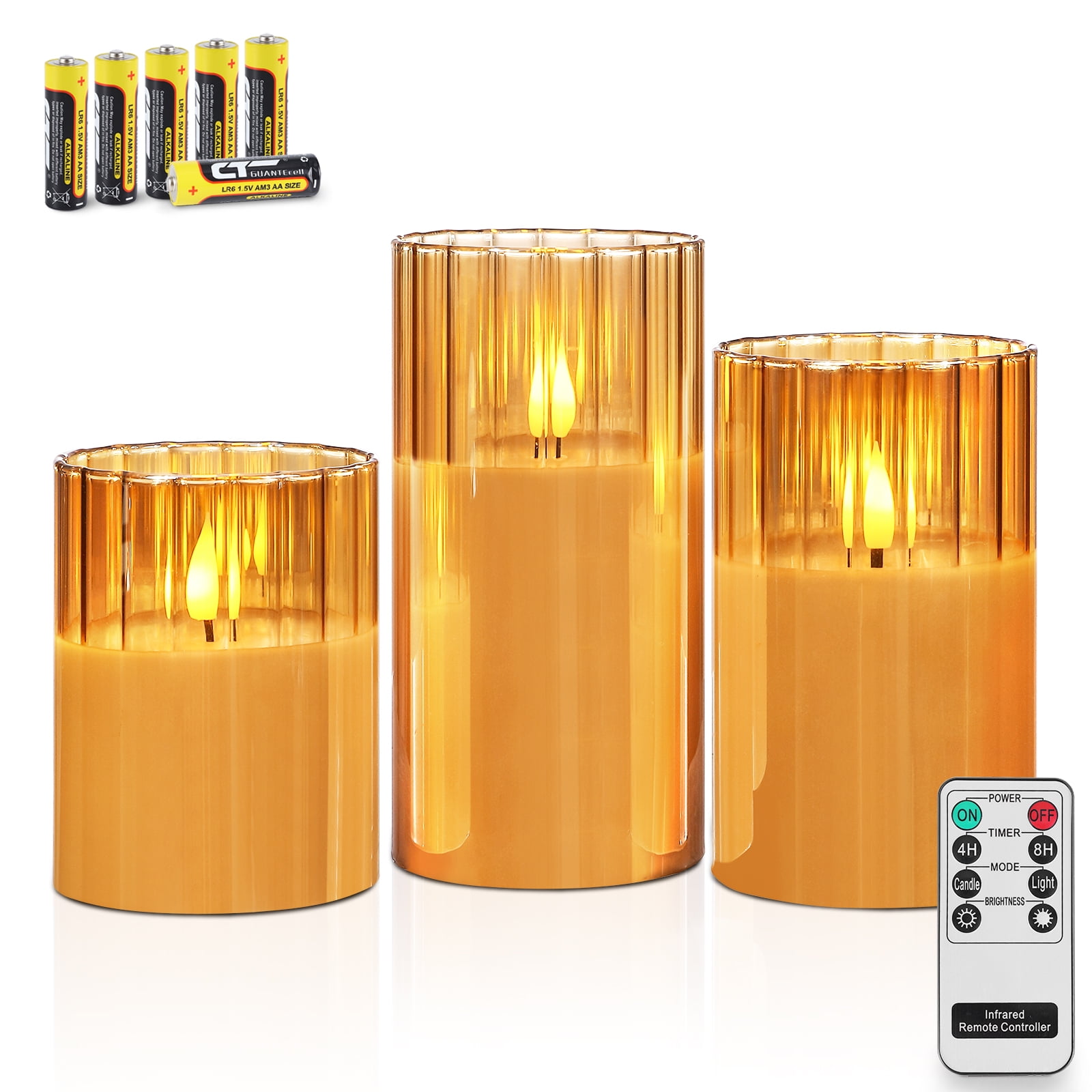 Rhytsing Gold Ribbed Glass Battery Operated LED Candles with Remote ...