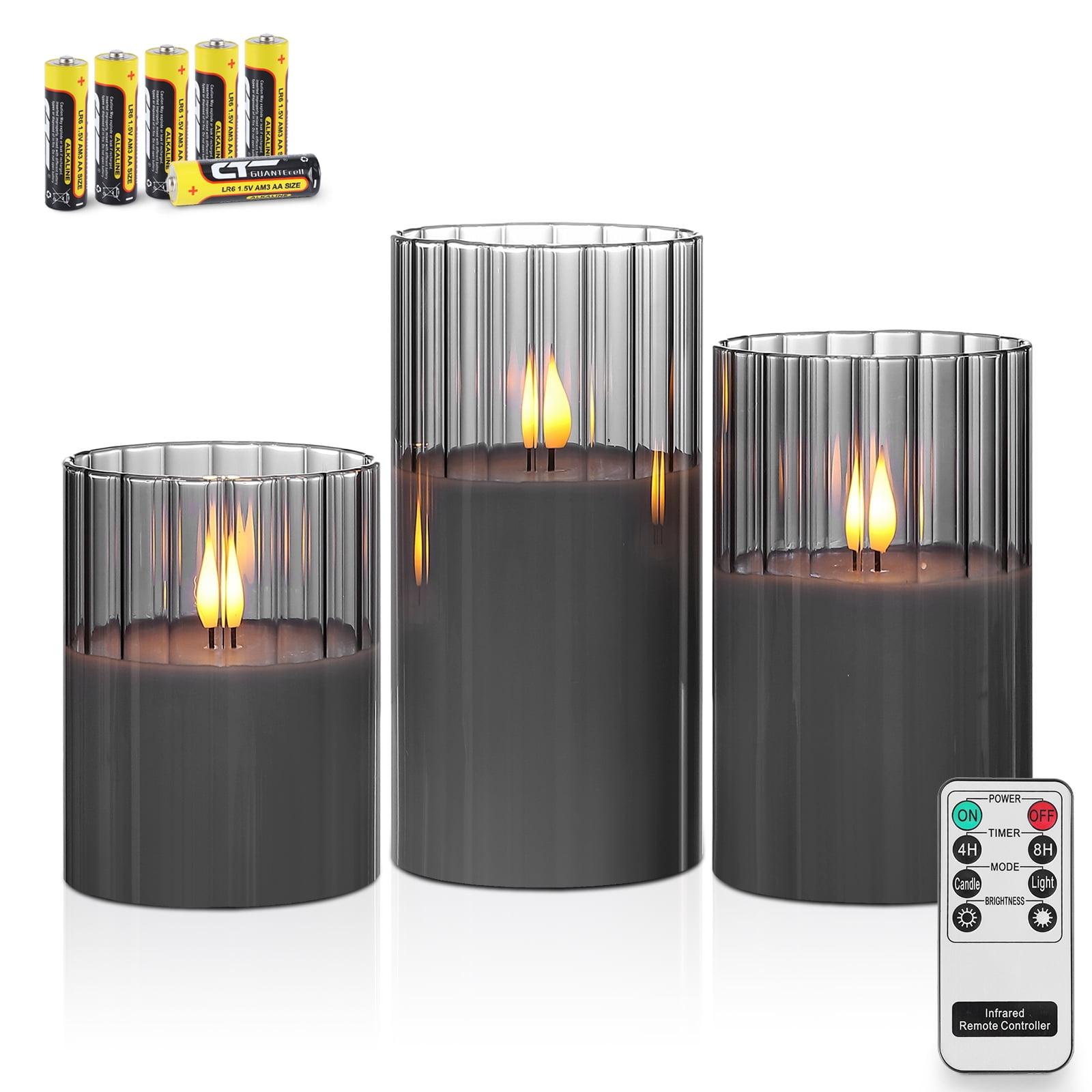 Rhytsing Smoked Ribbed Glass Battery Operated LED Candles with Remote ...