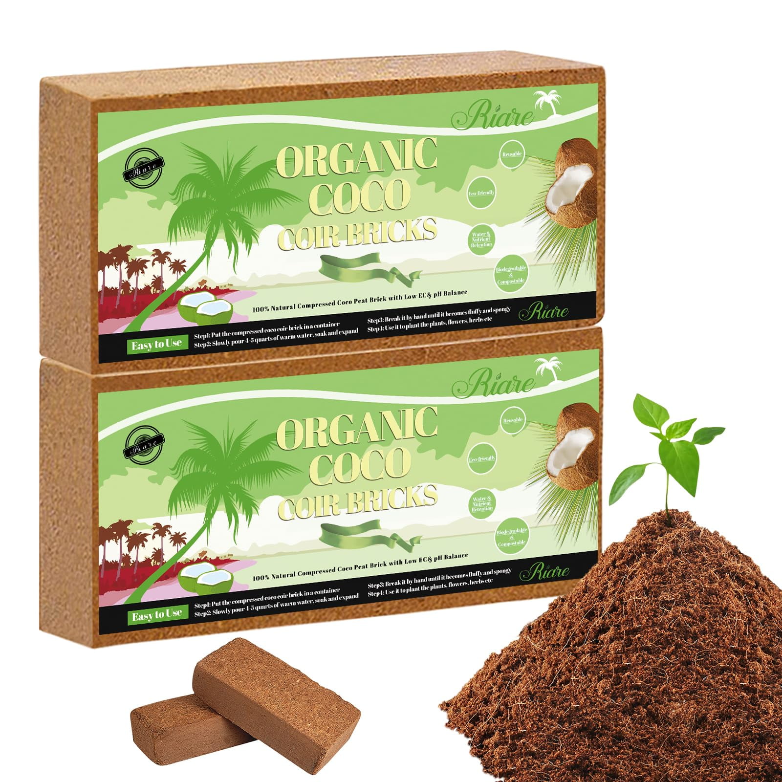 Riare 2pcs Organic Coco Coir Bricks Soil Blocks- 100% Natural ...