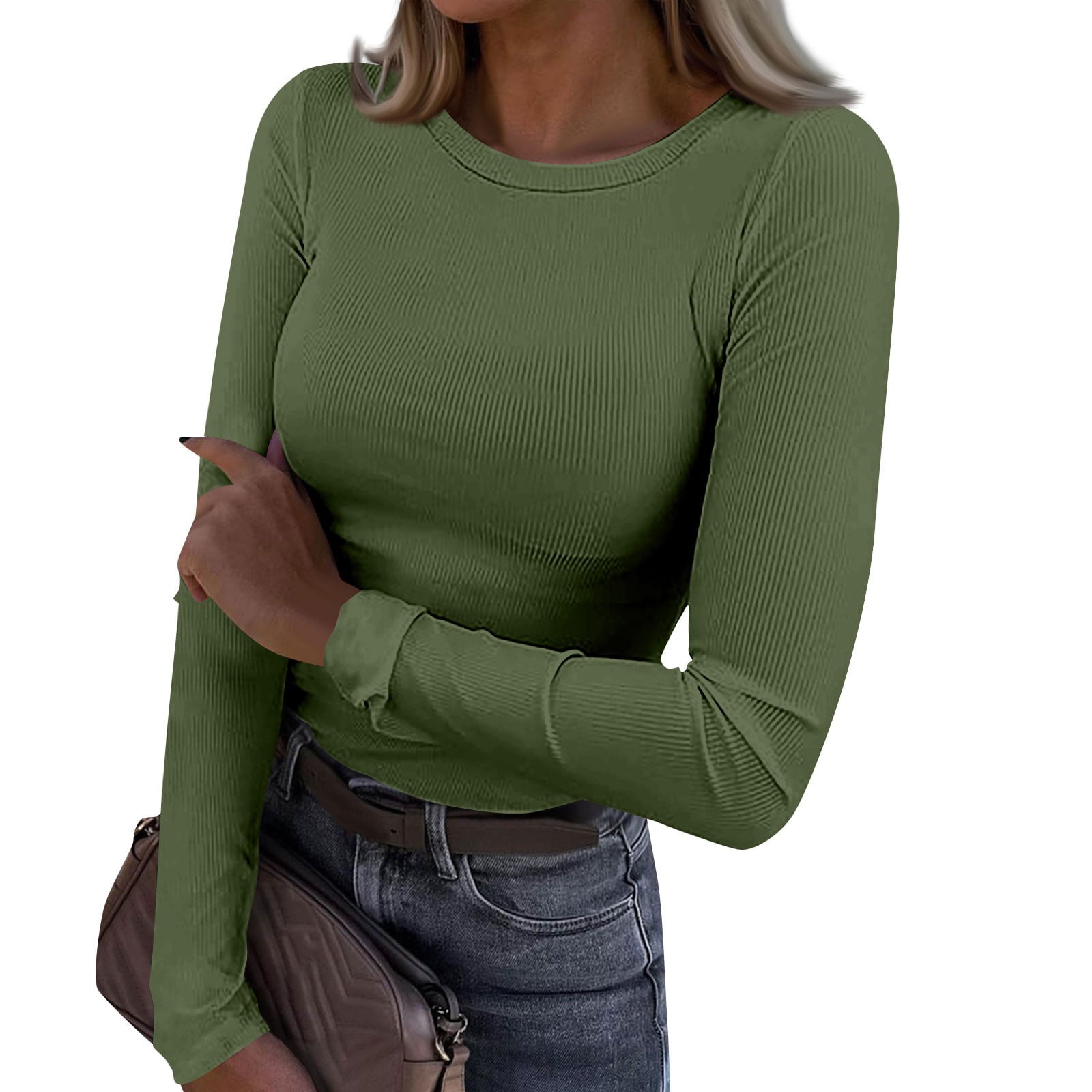 Rib Knit Tops for Women Stretch Crewneck Ribbed Long Sleeve Sweater ...