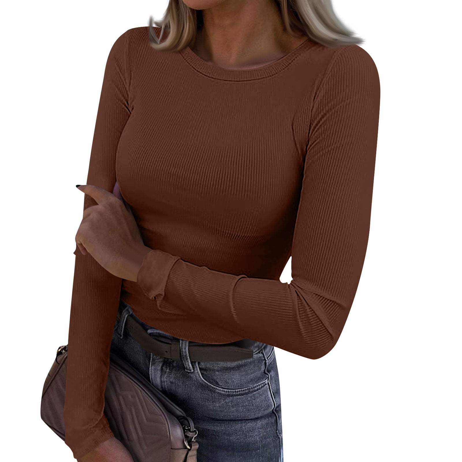 Rib Knit Tops for Women Stretch Crewneck Ribbed Womens Long Sleeve T ...