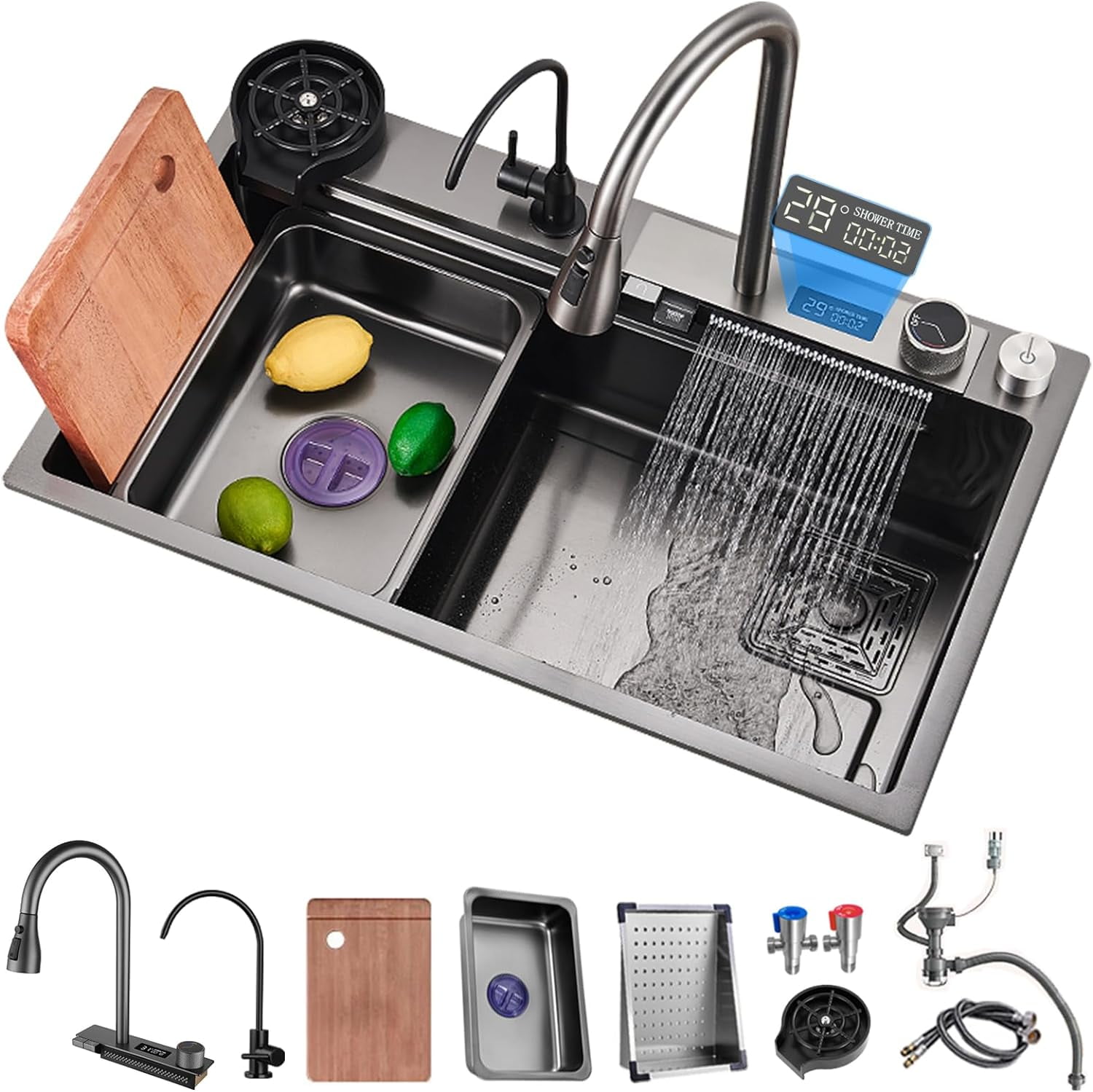 Ribanedy Black-Grey Waterfall Kitchen Sink,, Stainless Steel Single ...