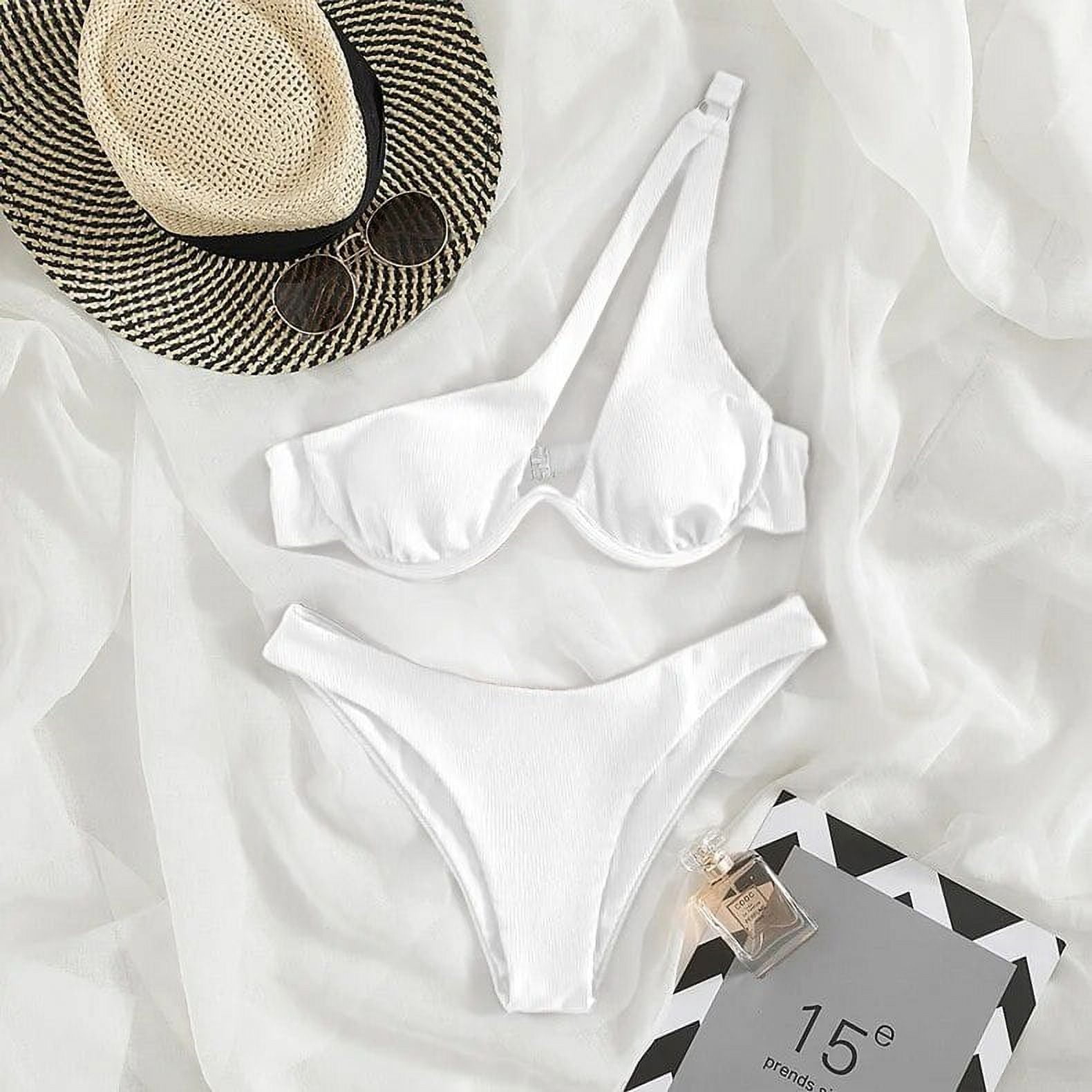 Ribbed Buckle Bikini Sexy Women One Shoulder Swimsuit Bikini Set Soild ...