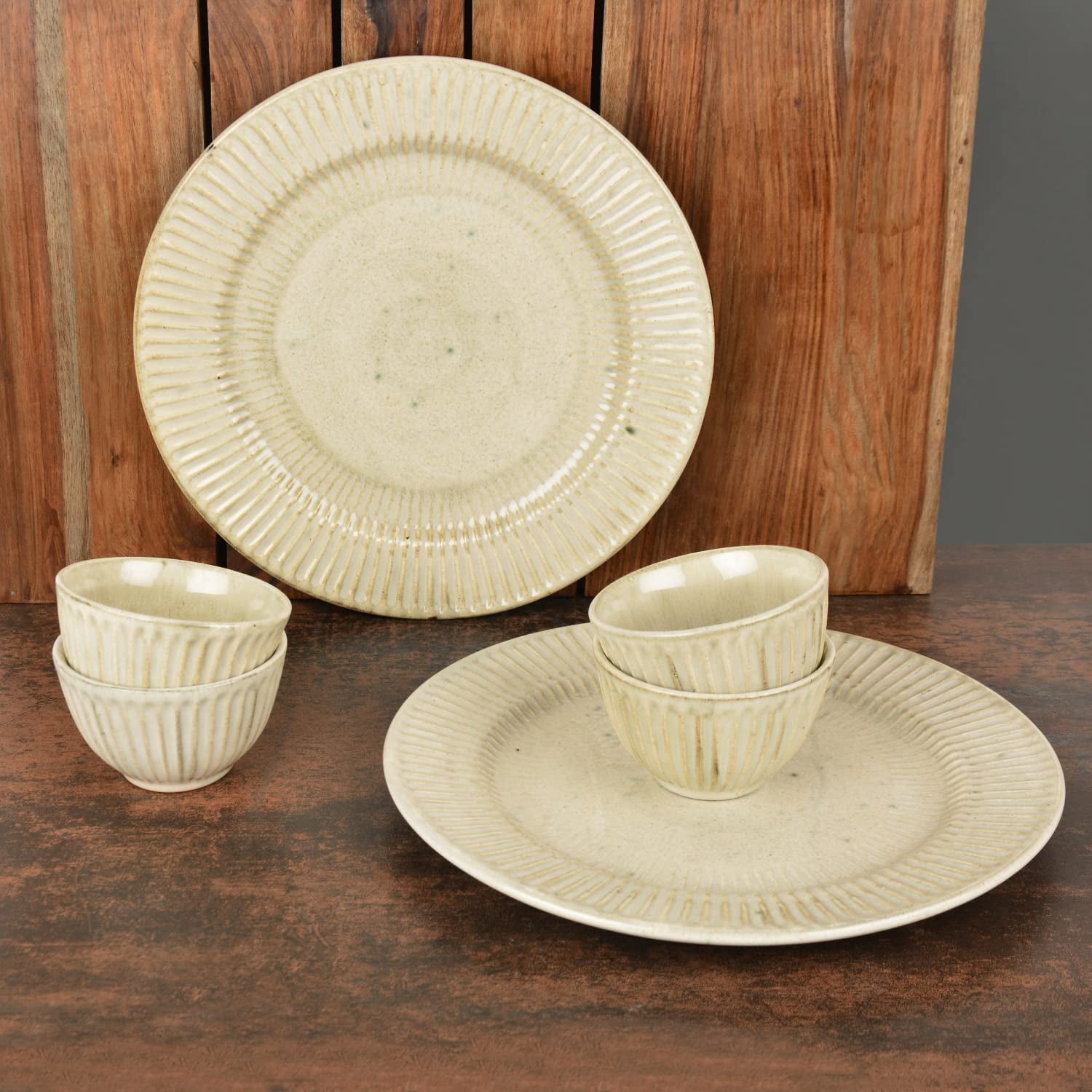 Ribbed Ceramic Dinner Serving 2 Plates With 4 Dinner Bowls Set Of 6 ...
