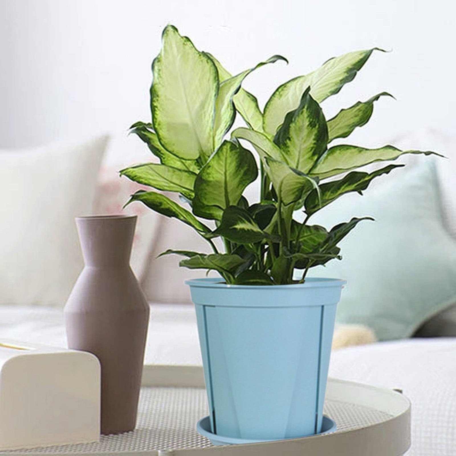 Ribbed Cylinder Plant Pot, Modern Plastic Plant Pots with Saucers ...