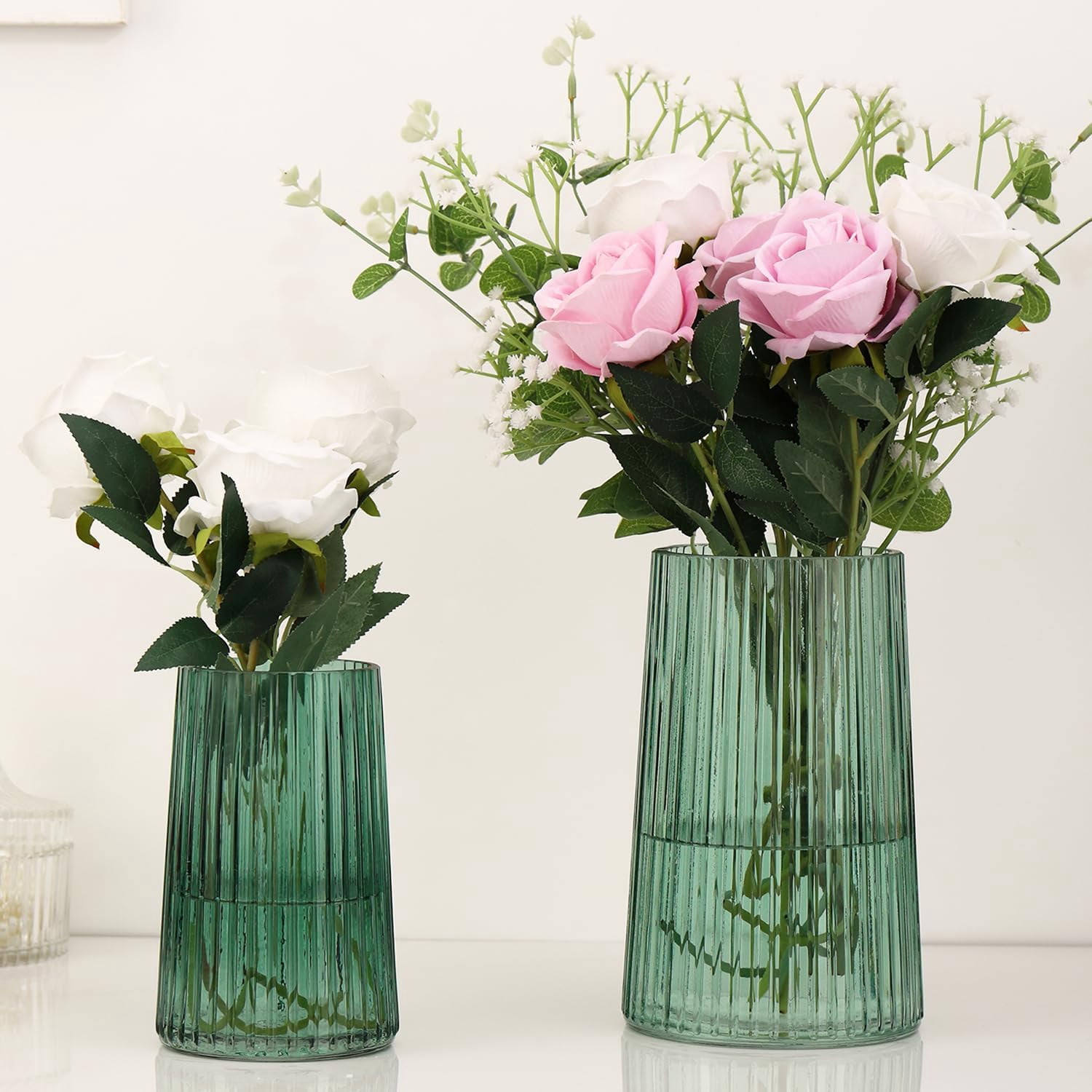 Ribbed Flower Vases Set of 2, Green Vases for Flowers, Flower Vase for ...