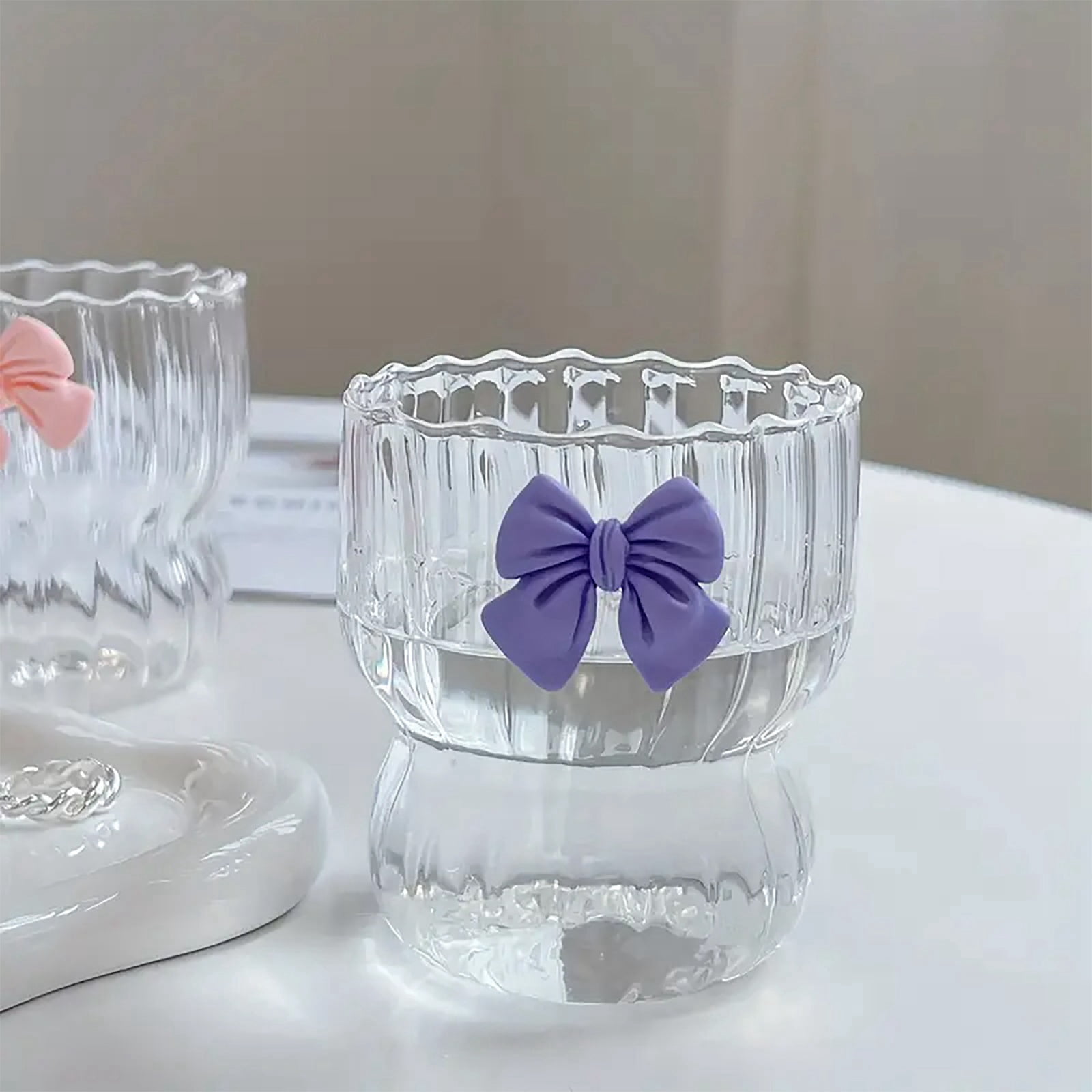 Ribbed Glass Cups, 10 Oz Vintage Drinking Glassware with Bow, Bubble ...