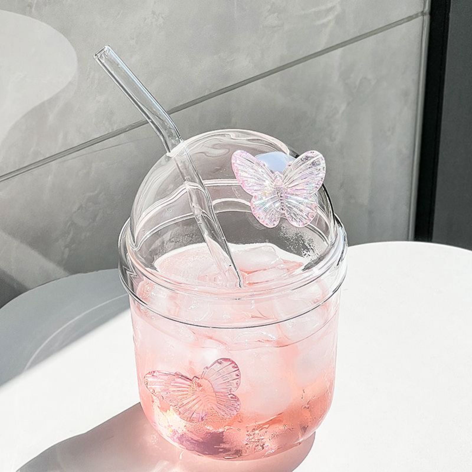 Ribbed Glass Cups Butterfly Decoration 13 Oz Drinking Glassware with ...