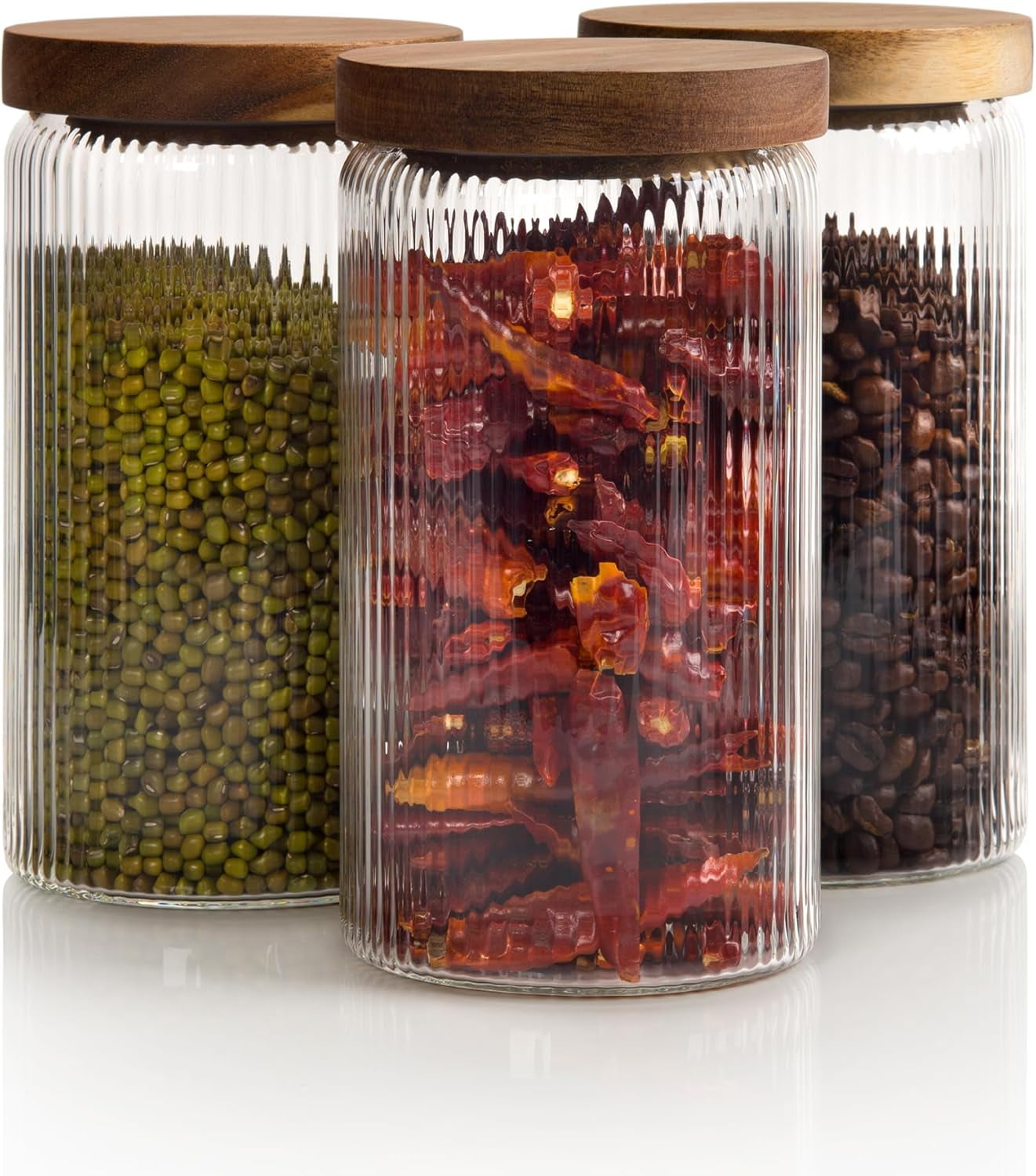 Ribbed Glass Jars with Wooden Lid 27 fl oz- Set of 3 | Airtight Fluted ...