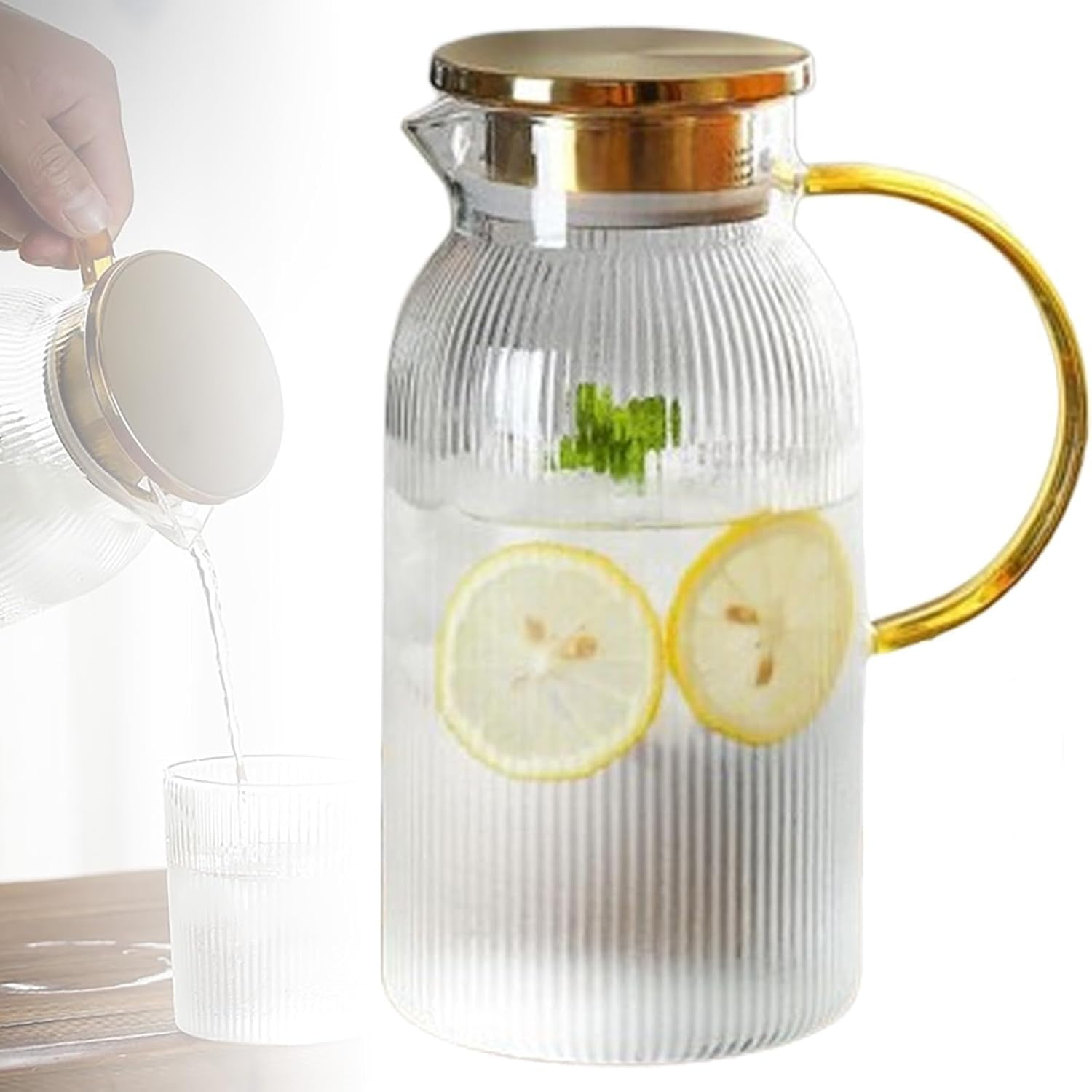 Ribbed Glass Pitcher with Lid, 1900ML Clear Borosilicate Glass Water ...