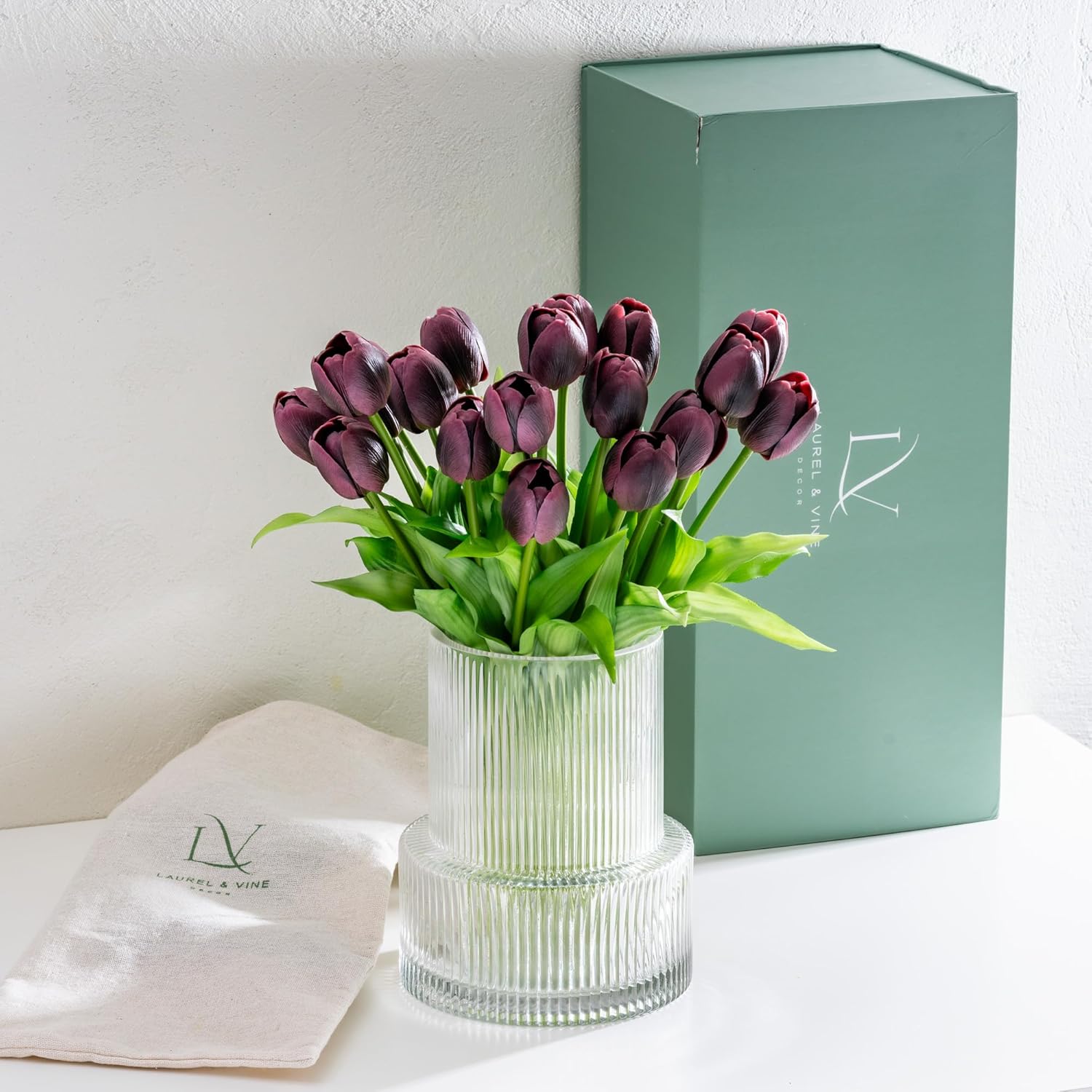 Ribbed Glass Vase with 20 Purple Tulips Artificial Flowers Gift Set ...
