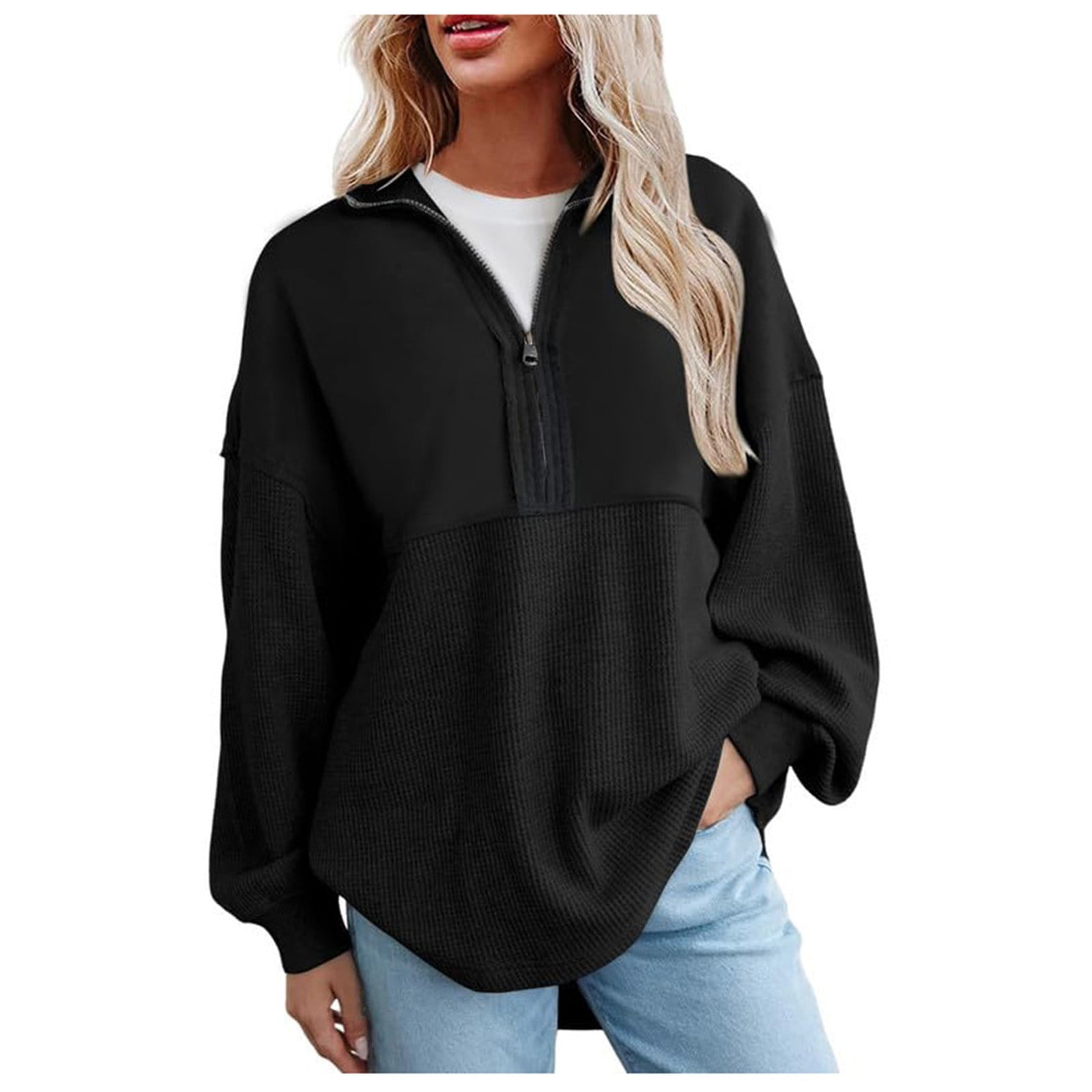 Ribbed Knit Half Zip Sweatshirts Long Sleeve Zipper Front Plain ...