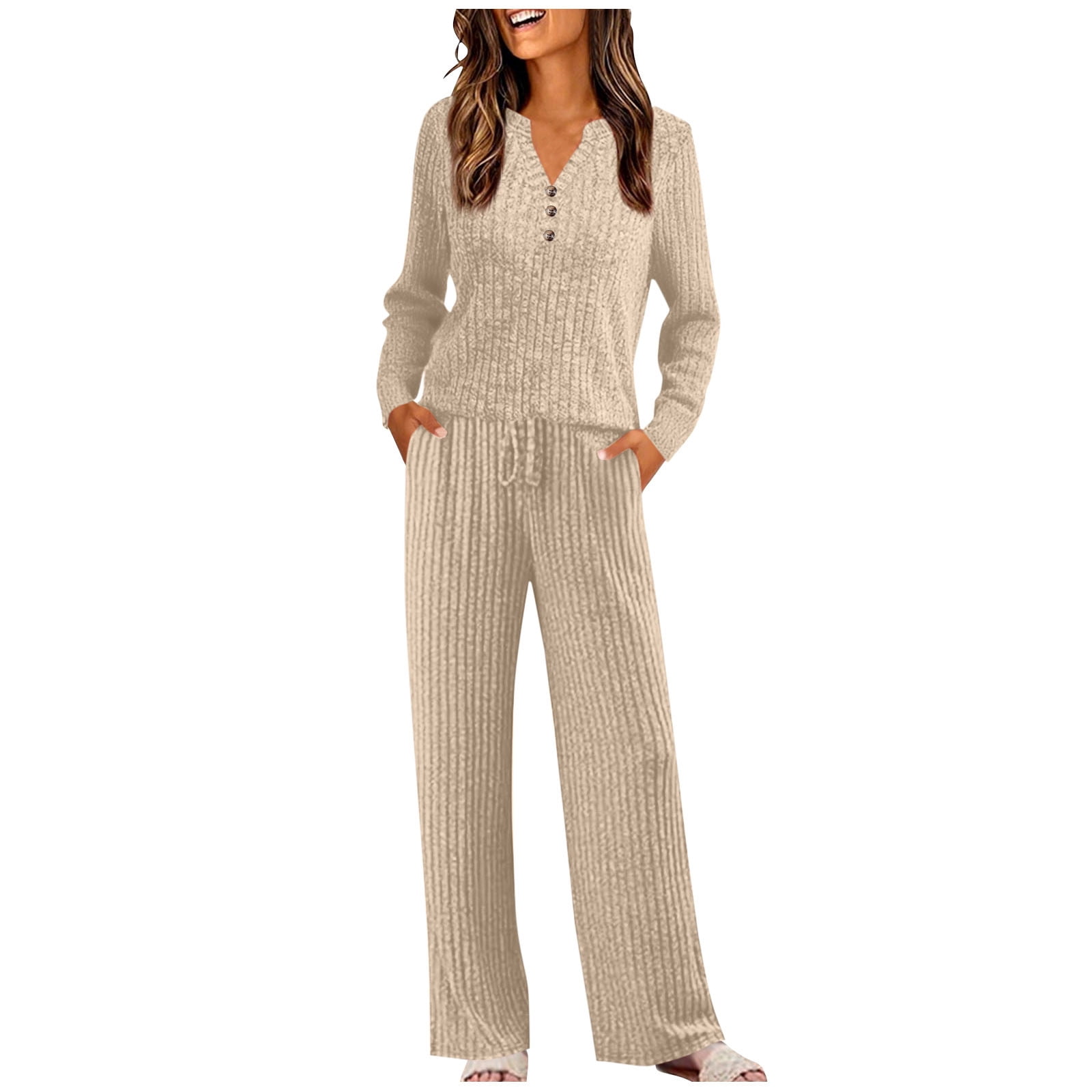 Ribbed Knit Outfits for Women 2 Piece Long Sleeve Buttons V Neck ...
