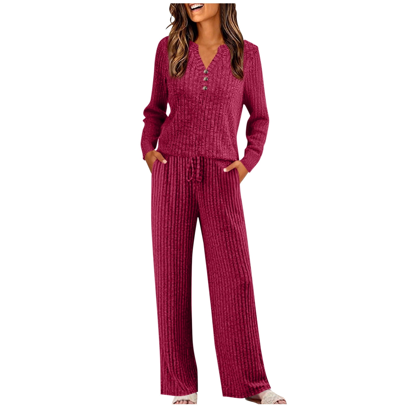 Ribbed Knit Outfits for Women 2 Piece Long Sleeve Buttons V Neck ...